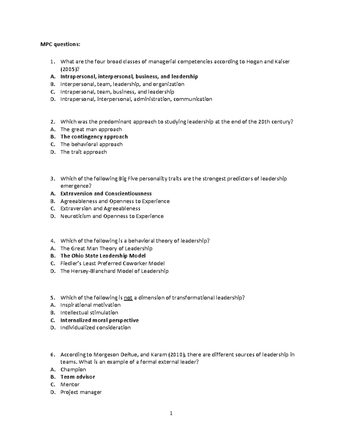 Practice Exam Leadership - Answer key - MPC questions: What are the ...