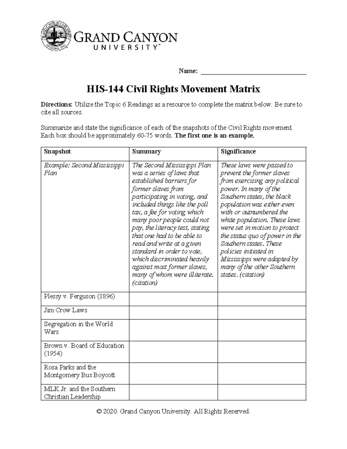 Civil Rights Movement Matrix - Name: HIS-144 Civil Rights Movement ...