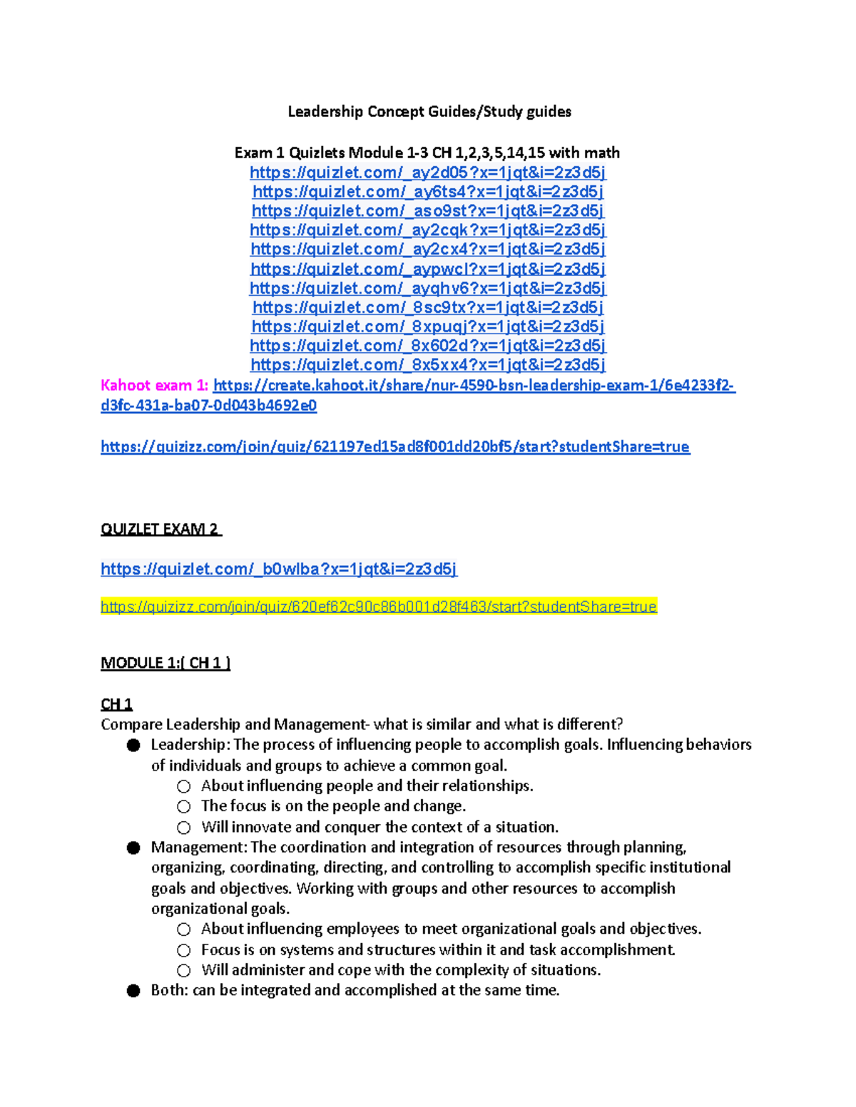 BSN ONLY Leadership Concept Guide - Leadership Concept Guides/Study guides Exam 1 Quizlets ...