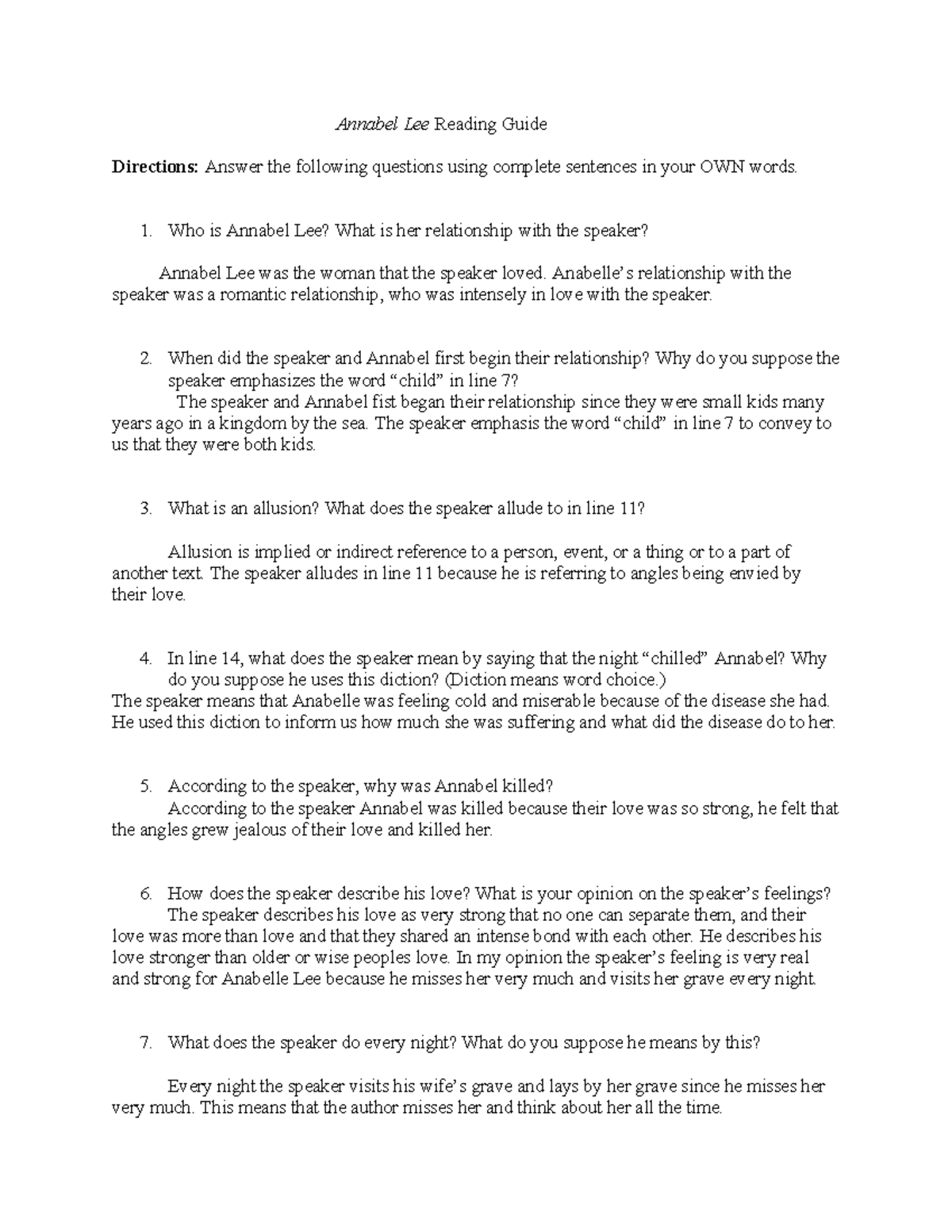 Annabel Lee Reading Guide - Annabel Lee Reading Guide Directions ...