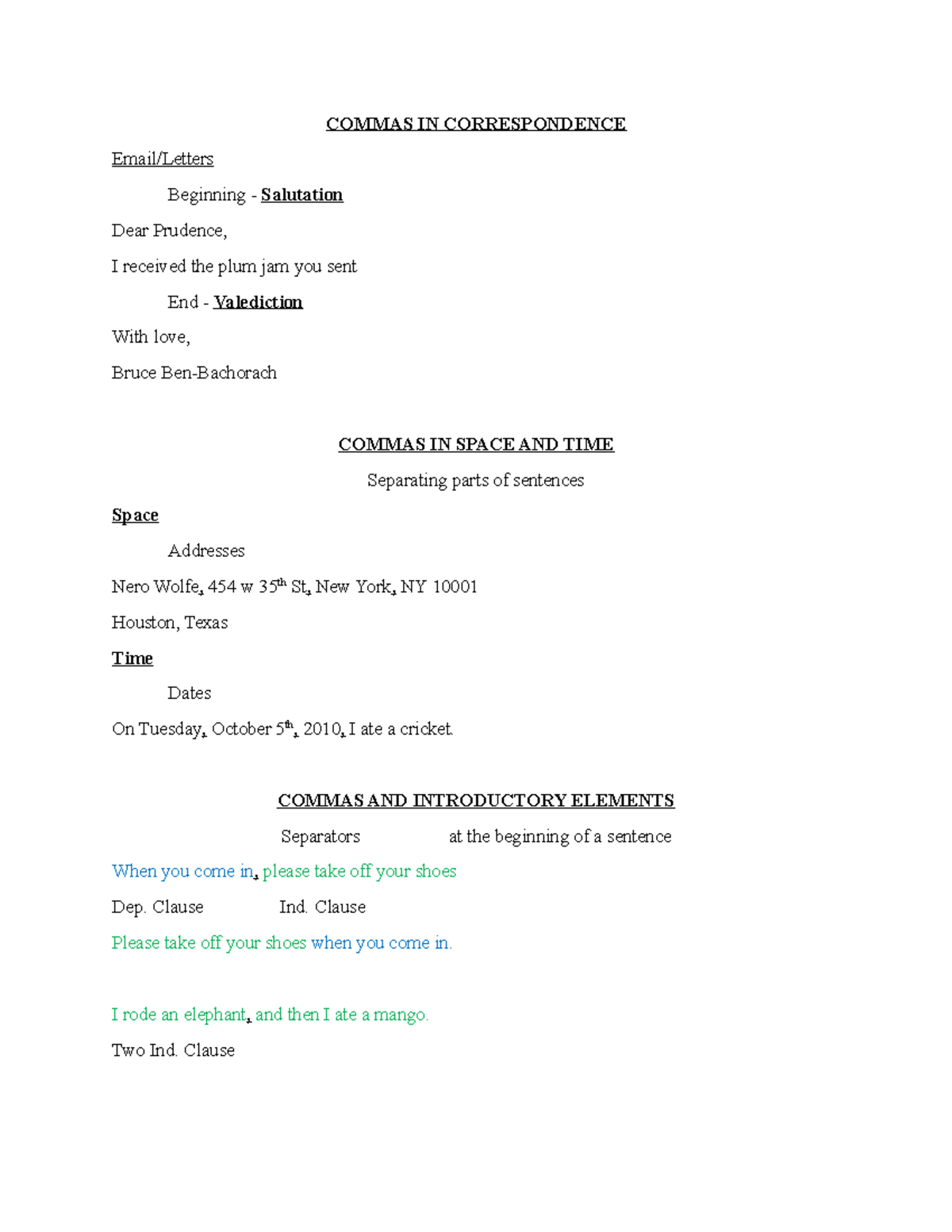 Commas Notes - COMMAS IN CORRESPONDENCE Email/Letters Beginning ...