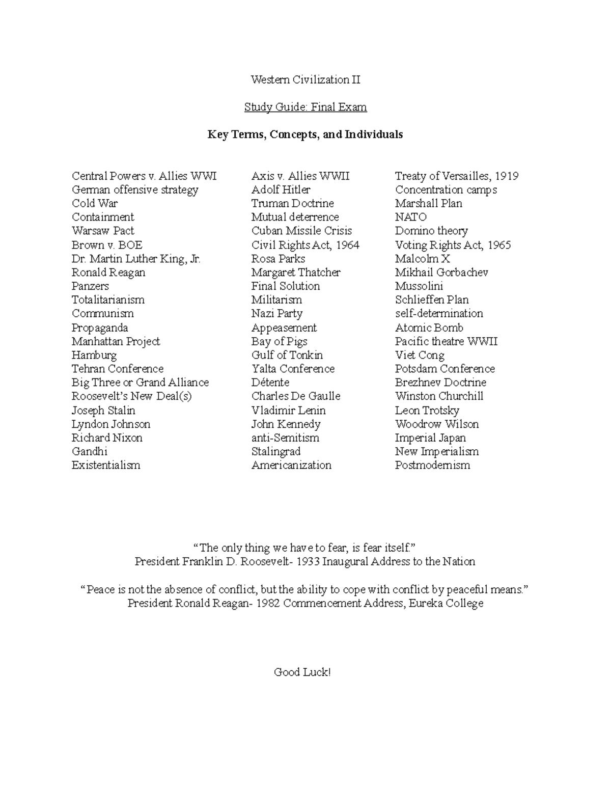 His 102 Final Exam Study Guide, Suscc, Buford - Western Civilization II ...