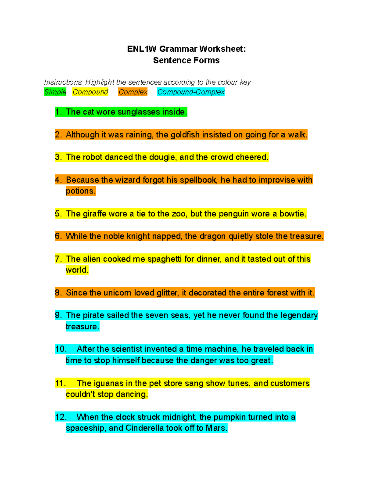Copy of ENL1W Grammar Worksheet Sentence Forms - ENL1W Grammar ...