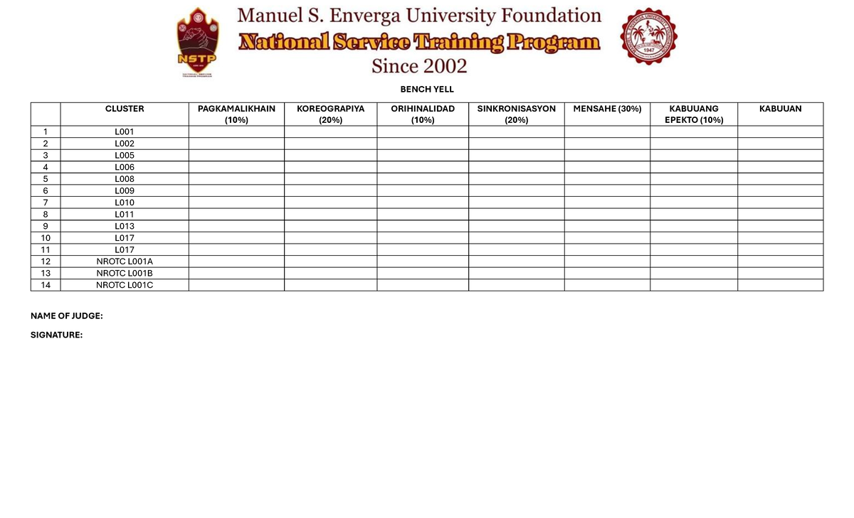 Bench YELL & Banner ( Scoring Sheet & Tally Sheet) - BENCH YELL CLUSTER ...