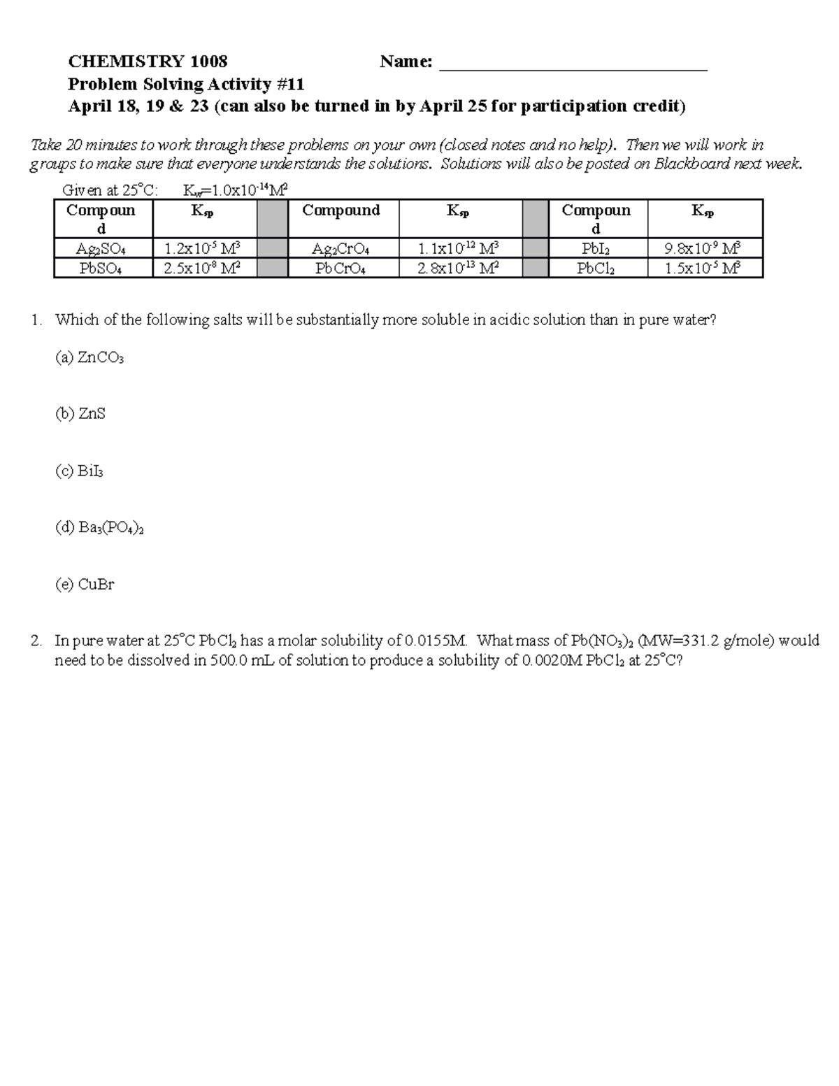 PS11(Solubility) - Practice assignment for course - CHEMISTRY 1008 Name ...