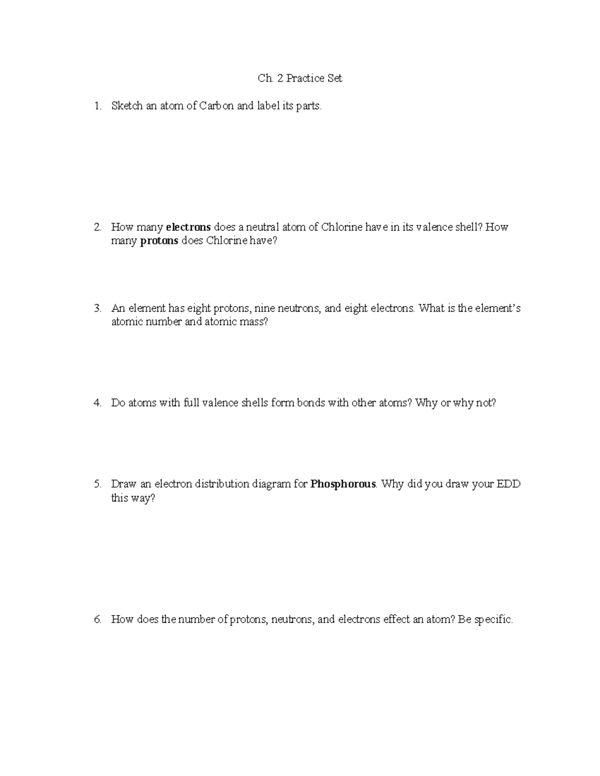 Chapter 2 Practice Set - Ch. 2 Practice Set Sketch an atom of Carbon ...
