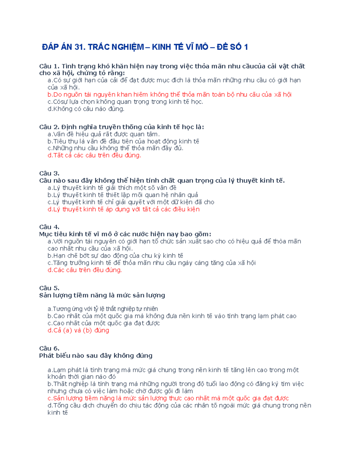 KT vĩ mô - aaaaaaaaaaaaaaaaaaaaaa - ĐÁP ÁN 31. TRẮC NGHIỆM – KINH TẾ VĨ ...