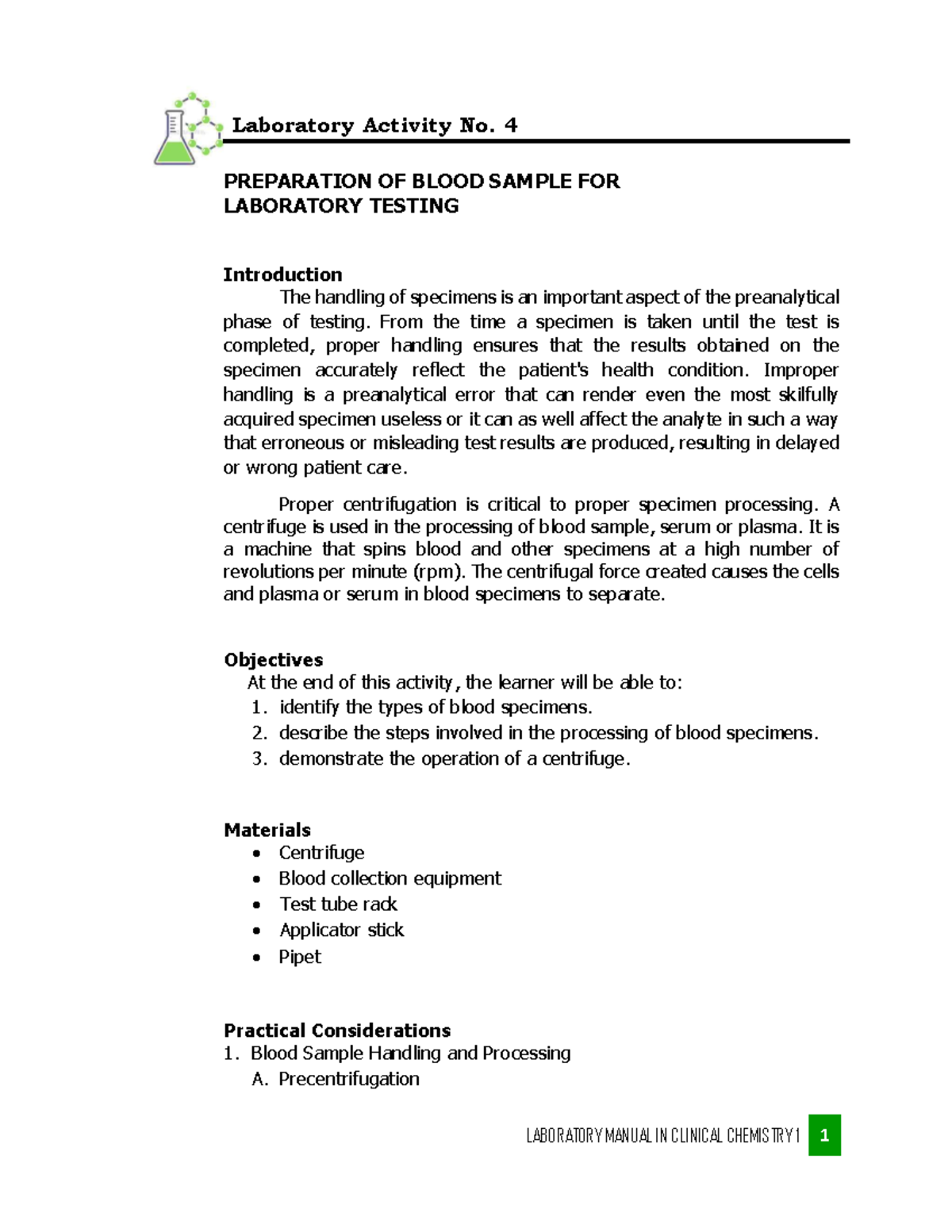 LA4. Preparation of Blood Sample for Laboratory Testing - Laboratory ...