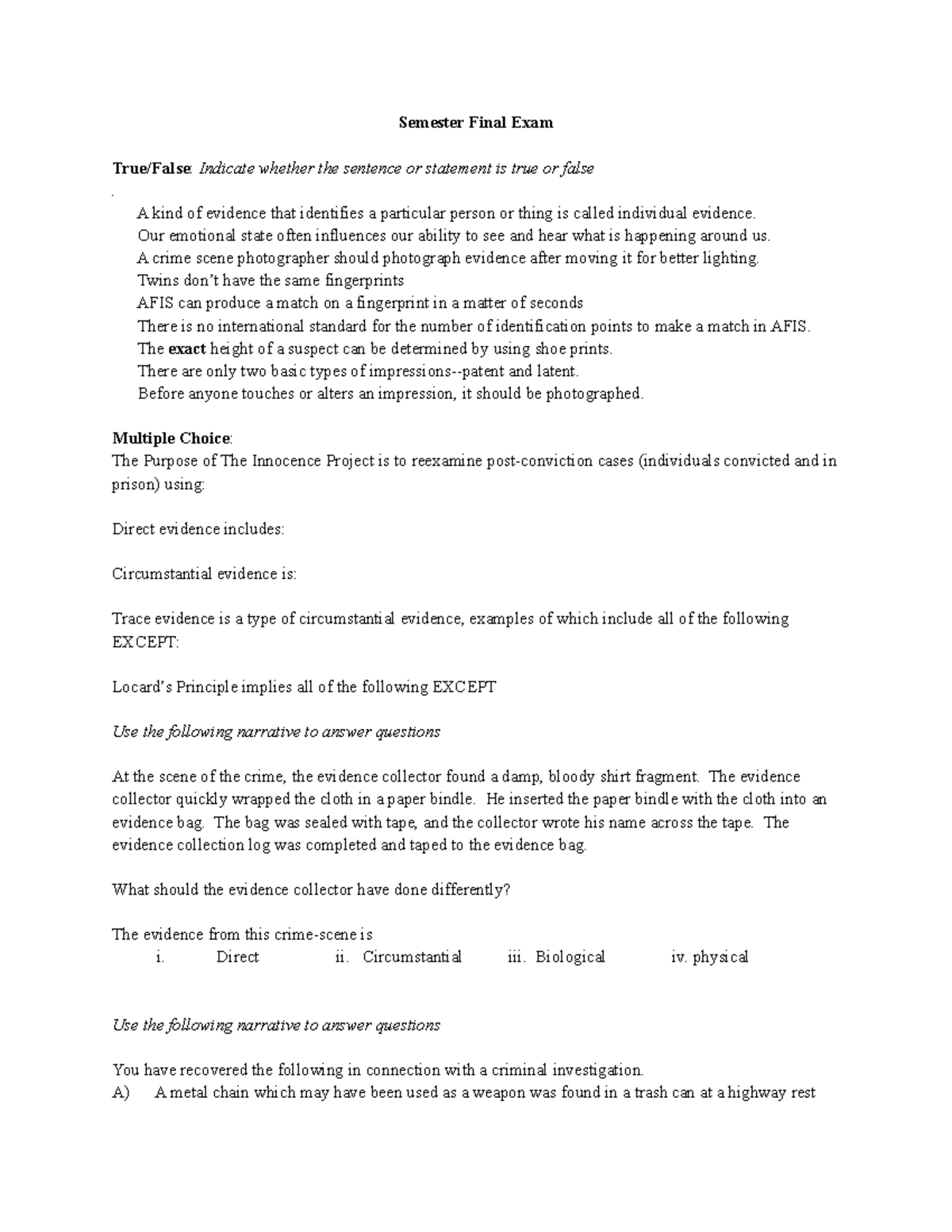 Forensics Semester exam review 2020 - Semester Final Exam True/False ...