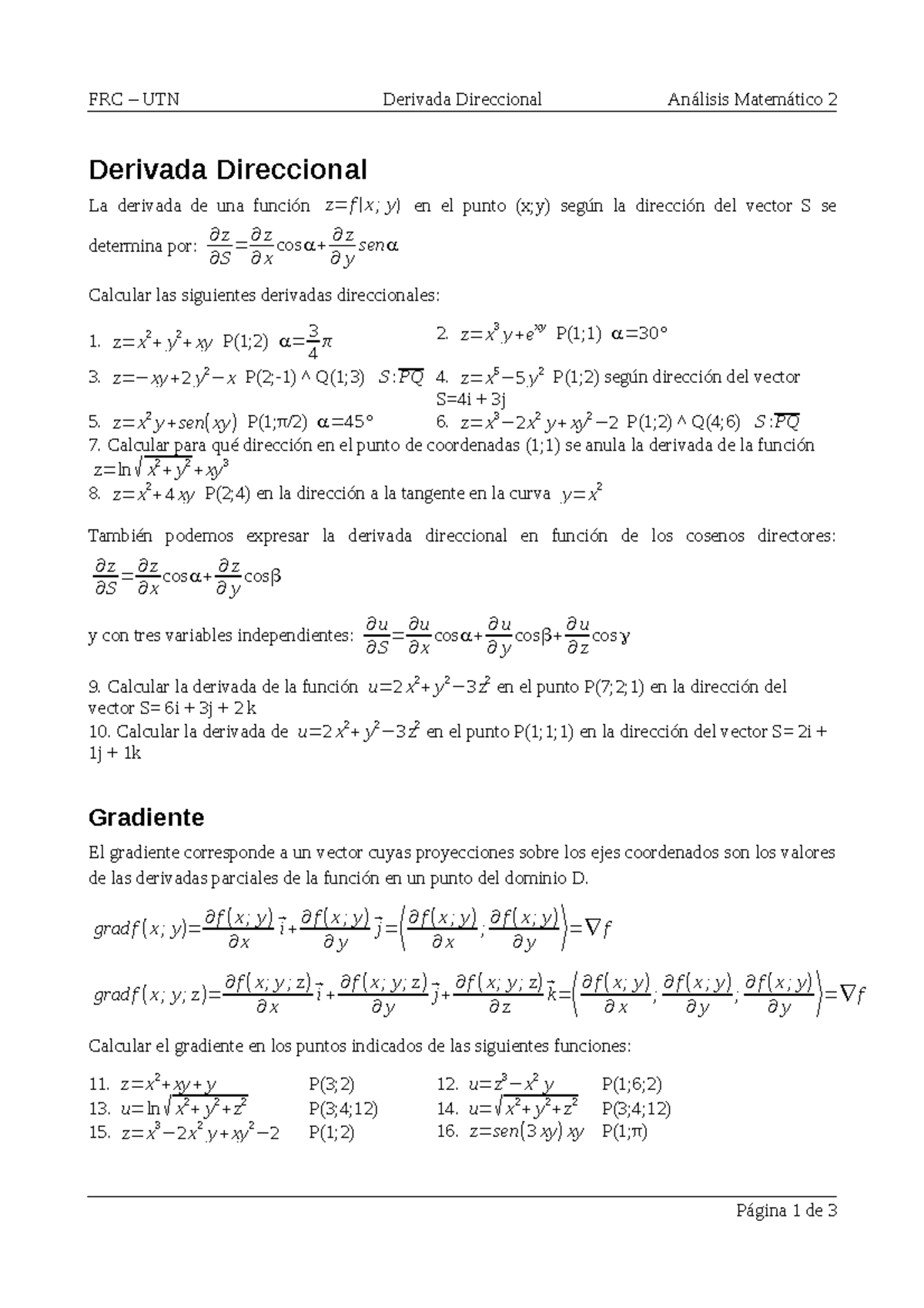 8 Derivada Direccional OK - FRC – UTN Derivada Direccional Análisis Matemático 2 Derivada - Studocu