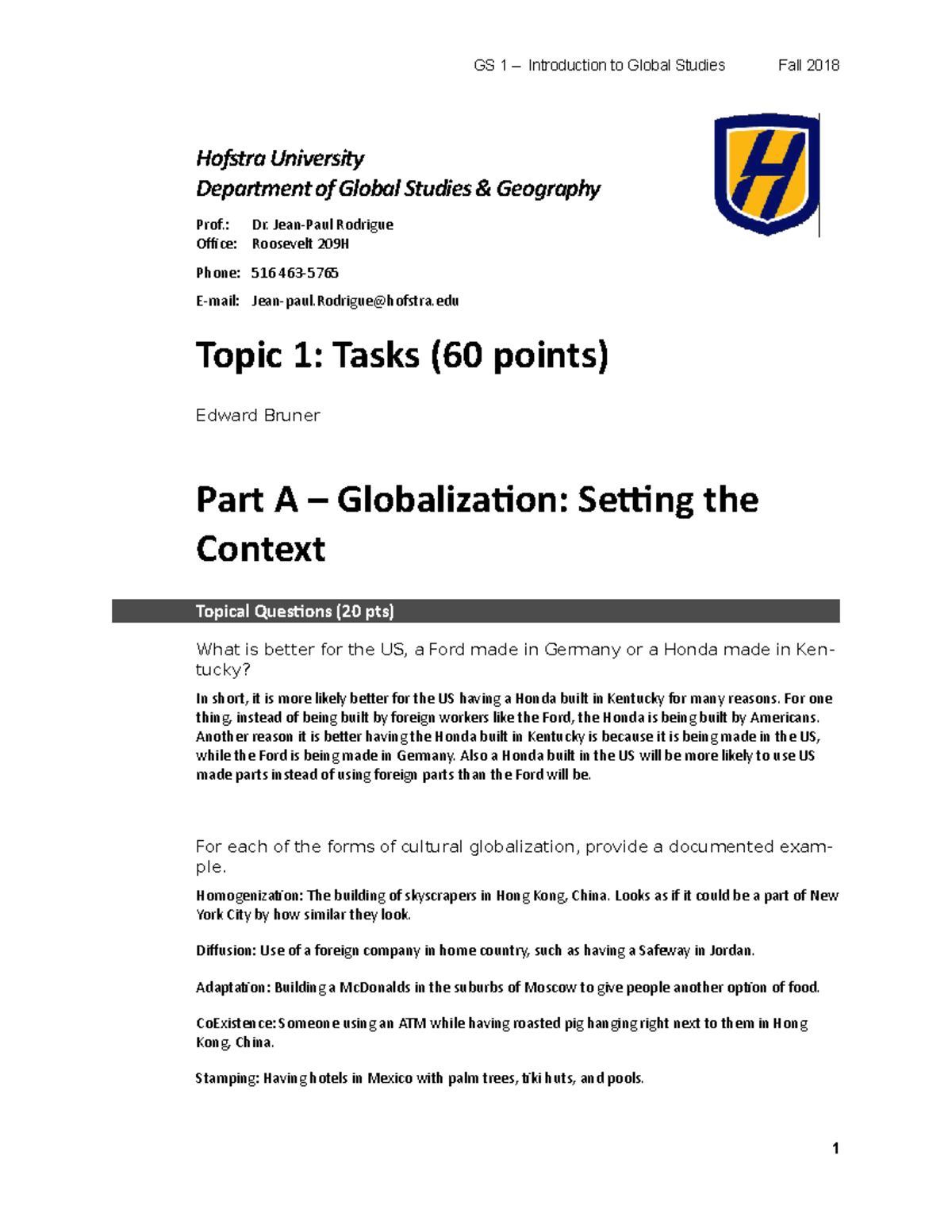 Globalization Homework 1 Word - GS 1 – Introduction to Global Studies ...