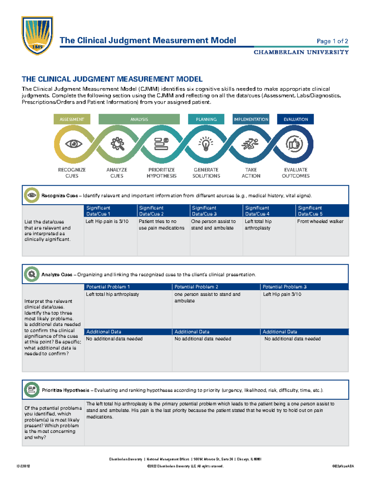 Clinical Judgment Measurement Model worksheet 2 - 12-220192 ©2022 ...