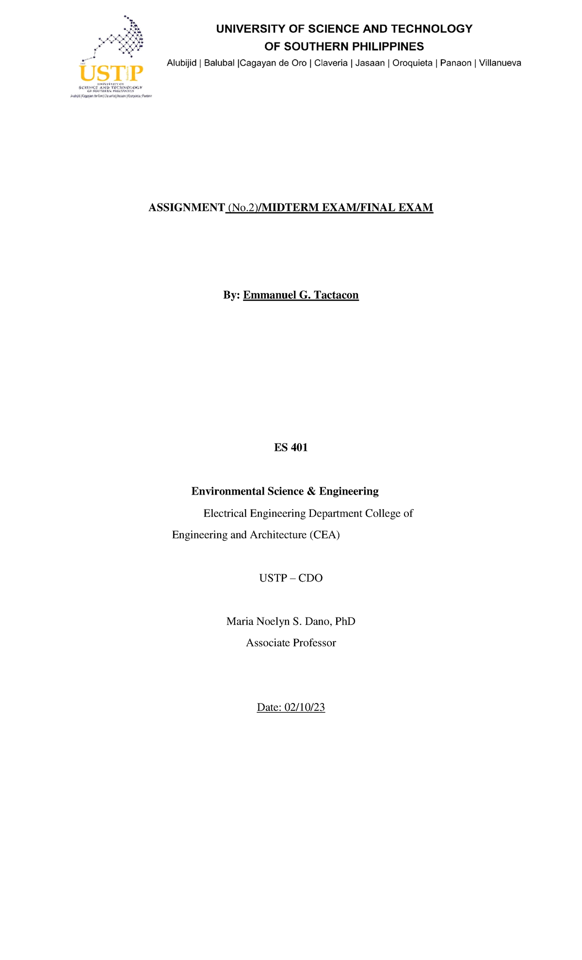 Tactacon Emmanuel BSEE 3B Assignment#2 - ASSIGNMENT (No)/MIDTERM EXAM/FINAL EXAM By: Emmanuel G ...