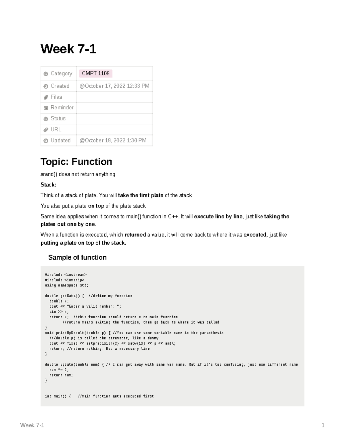 Week 7-1 - Week 7-1 - Week 7-1 1 Week 7- Category CMPT 1109 Created ...