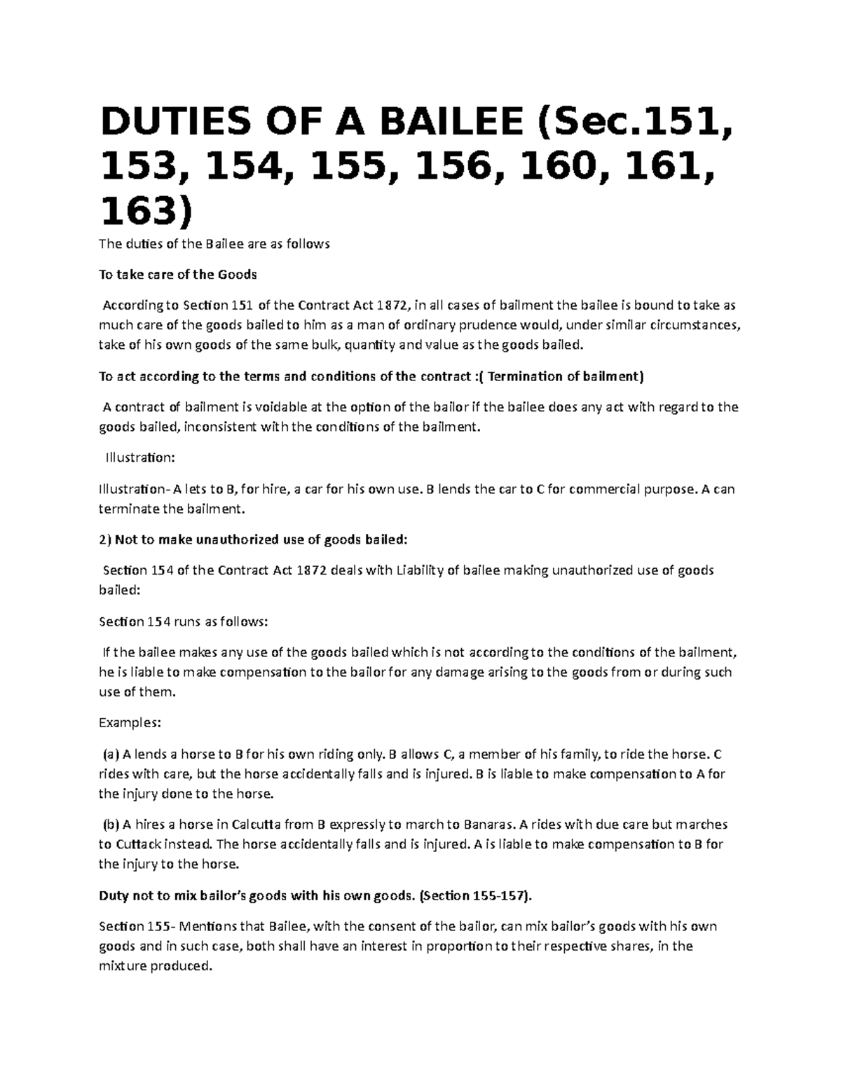 Duties OF A Bailee - DUTIES OF A BAILEE (Sec, 153, 154, 155, 156, 160 ...