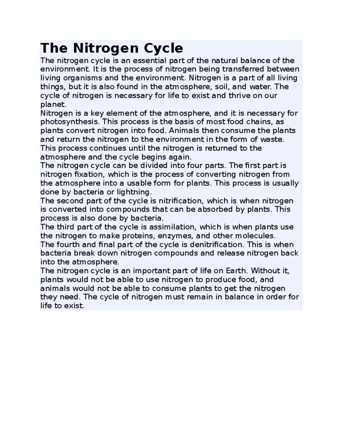 The Nitrogen Cycle - The Nitrogen Cycle The nitrogen cycle is an ...