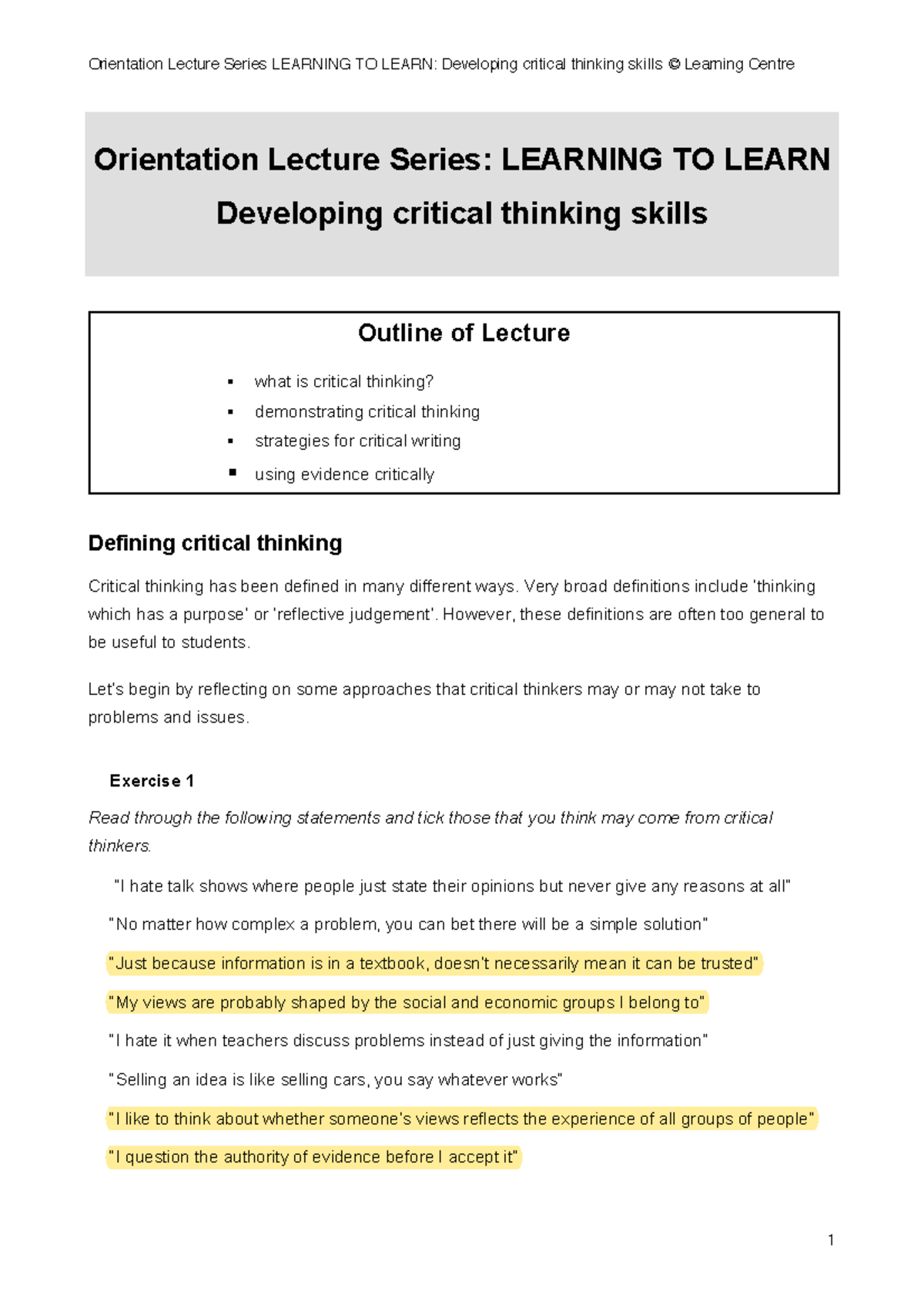 Critical Thinking - It really helps with getting ideas and reflection - Orientation Lecture ...