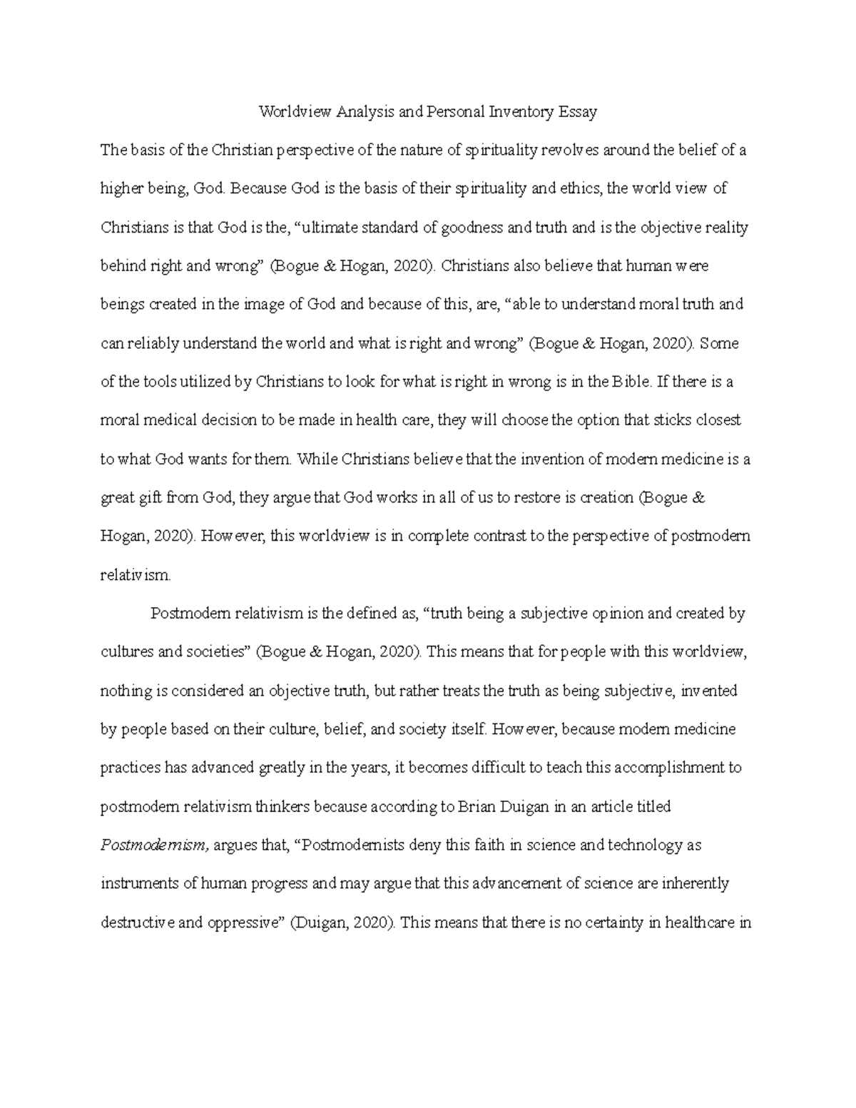 Worldview Analysis and Personal Inventory Essay - Because God is the ...