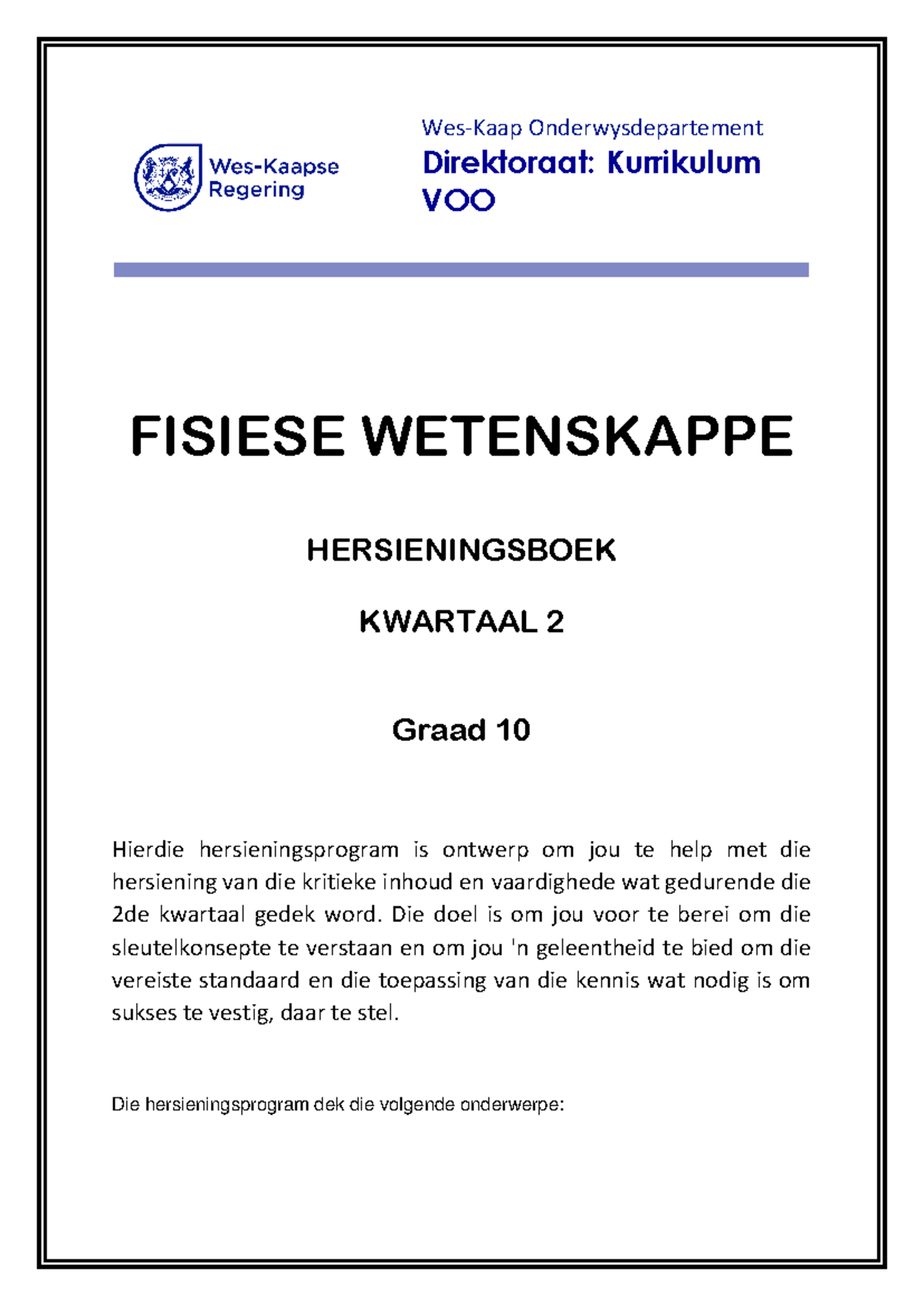 Fisiese Wetenskappe Graad 10 K2 Hersiening - Wes-Kaap ...