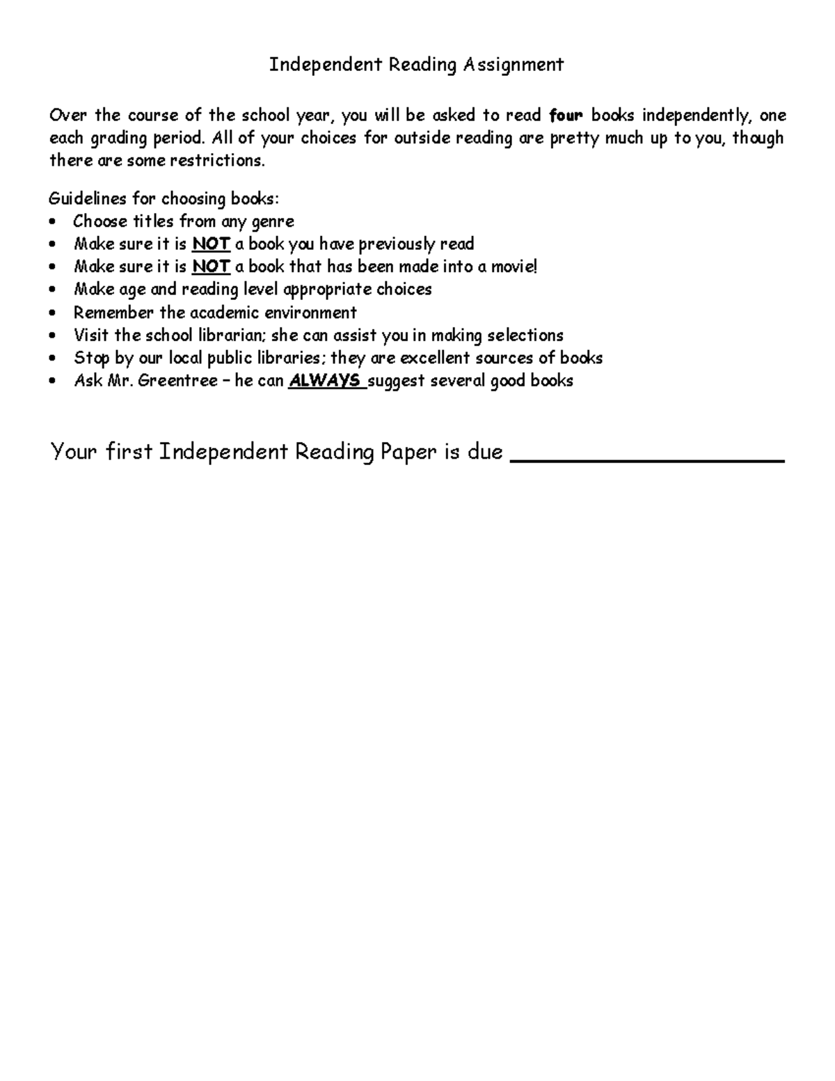 Indy Reading Explanation and Sample - Independent Reading Assignment ...