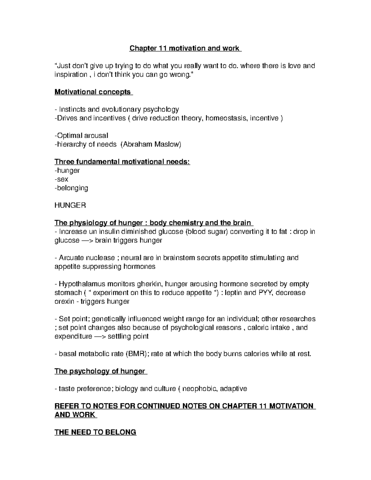 Psych 1100 Chapter 11 - Lecture notes 3 - Chapter 11 motivation and ...