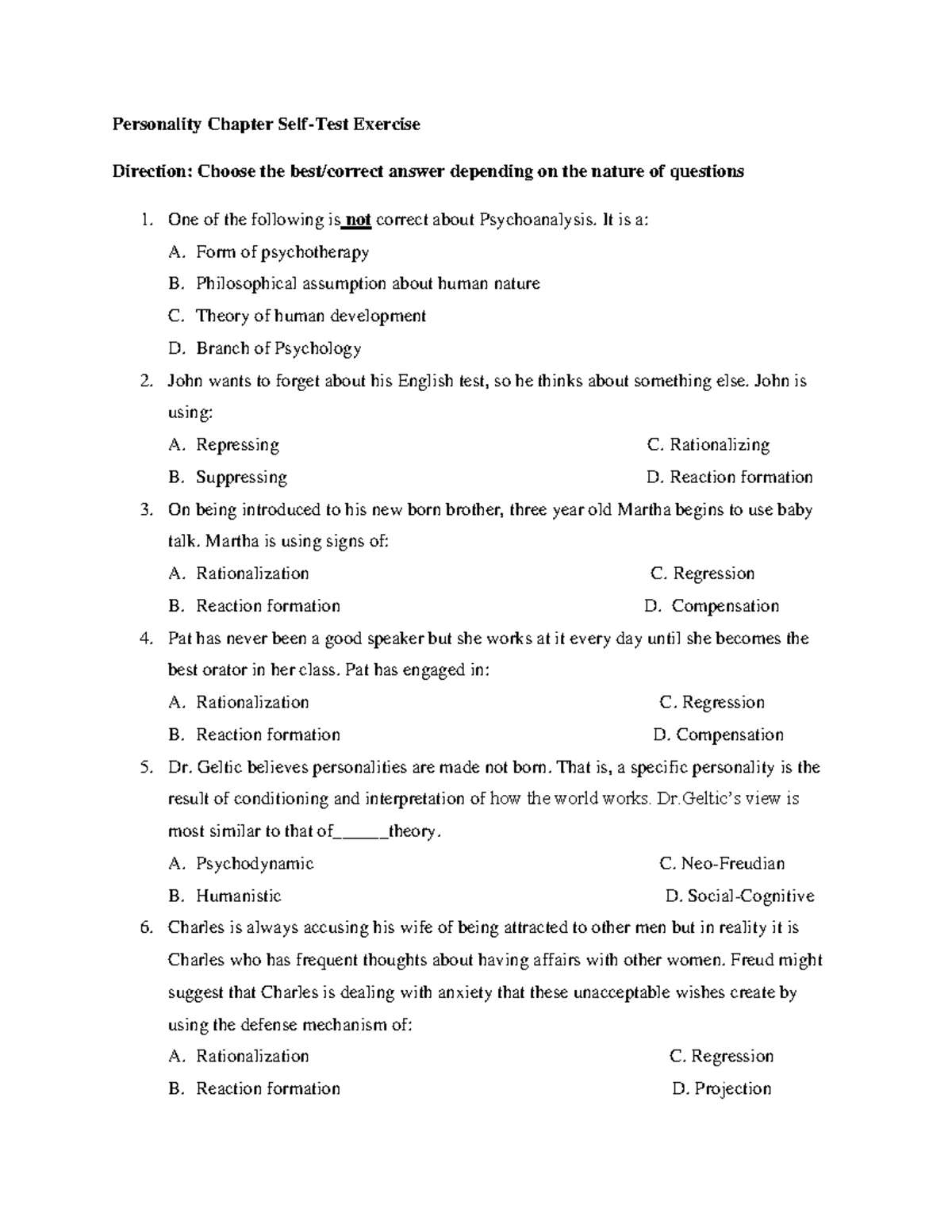 Personality Practice Test - Personality Chapter Self-Test Exercise ...