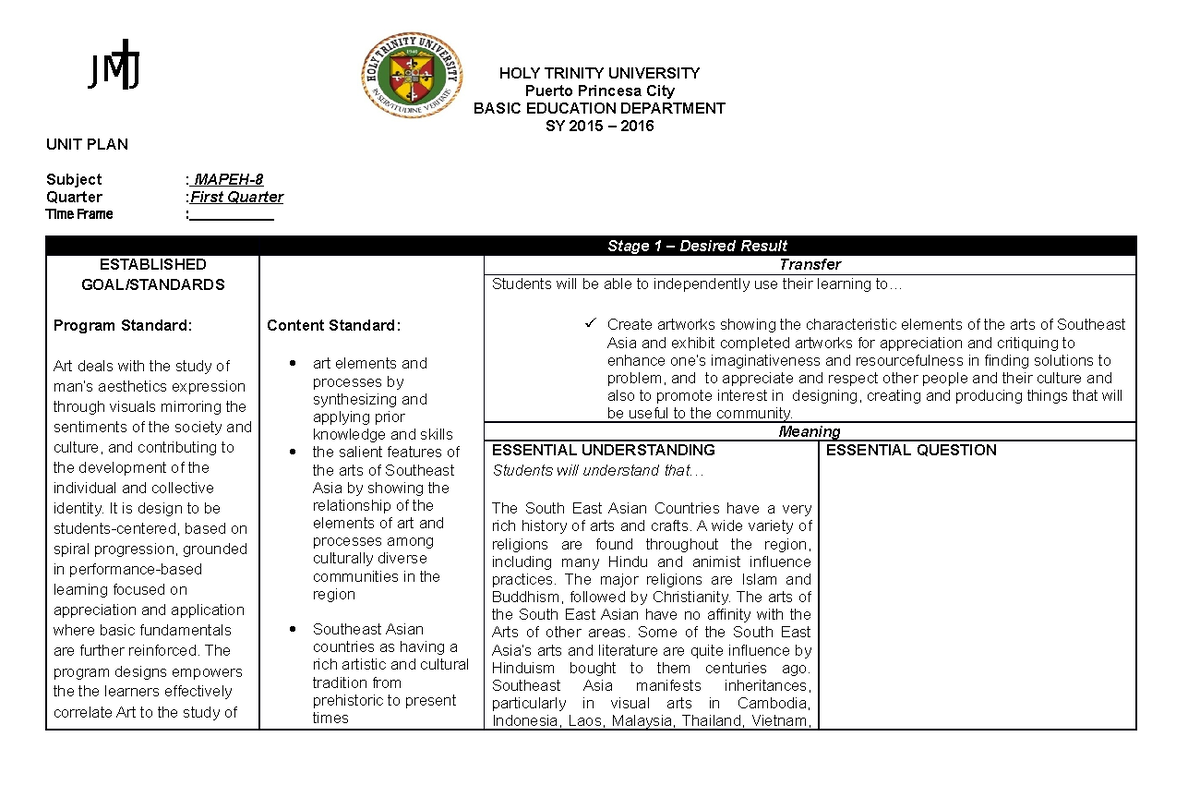 Unit Plan (arts) Grade 8 - HOLY TRINITY UNIVERSITY Puerto Princesa City ...