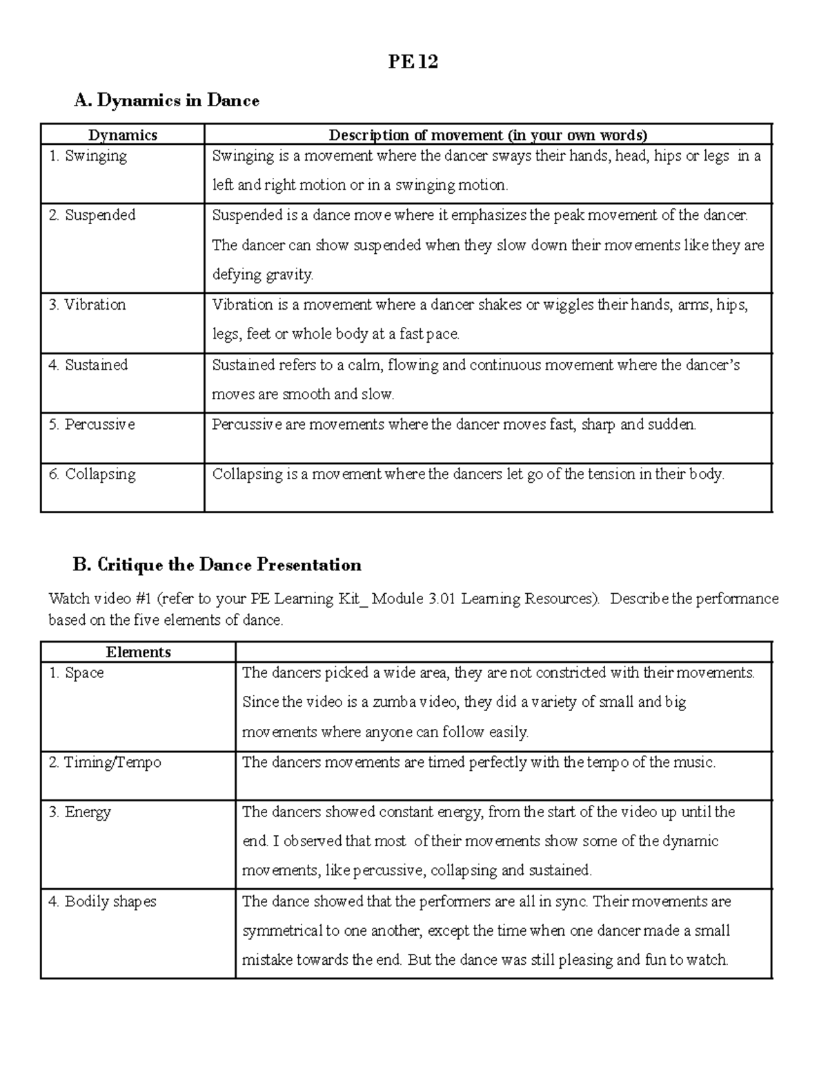 PE Worksheet 3 - PE 12 A. Dynamics in Dance Dynamics Description of ...