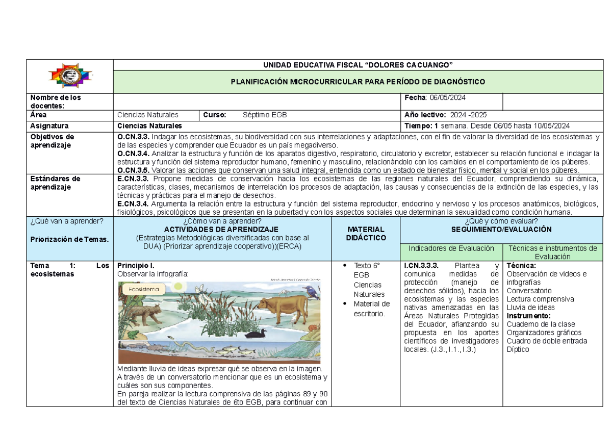 Planificacion Diagnostico CCNN 7MO (1) - UNIDAD EDUCATIVA FISCAL “DOLORES CACUANGO ...