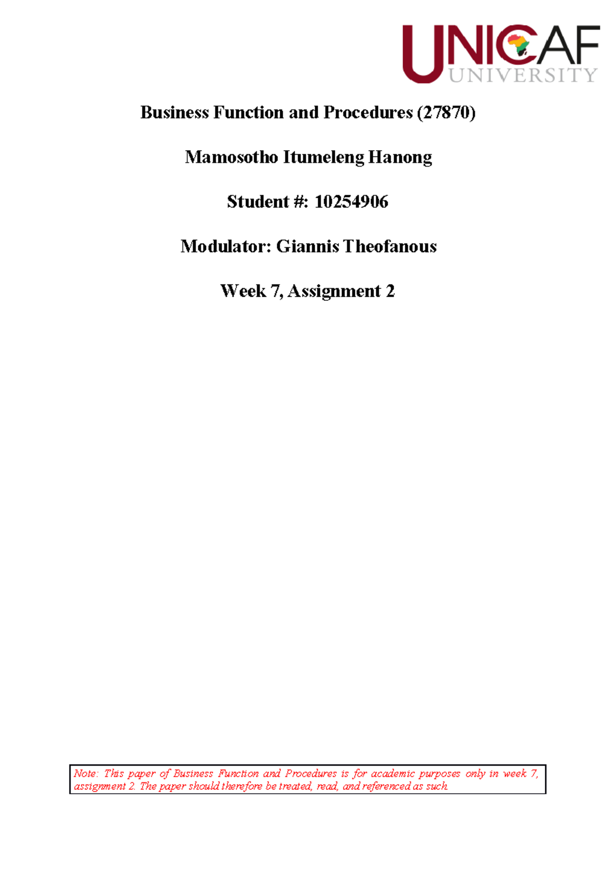 M.I. Hanong, Business Functions and Procedures, Assignment 7 - Business ...