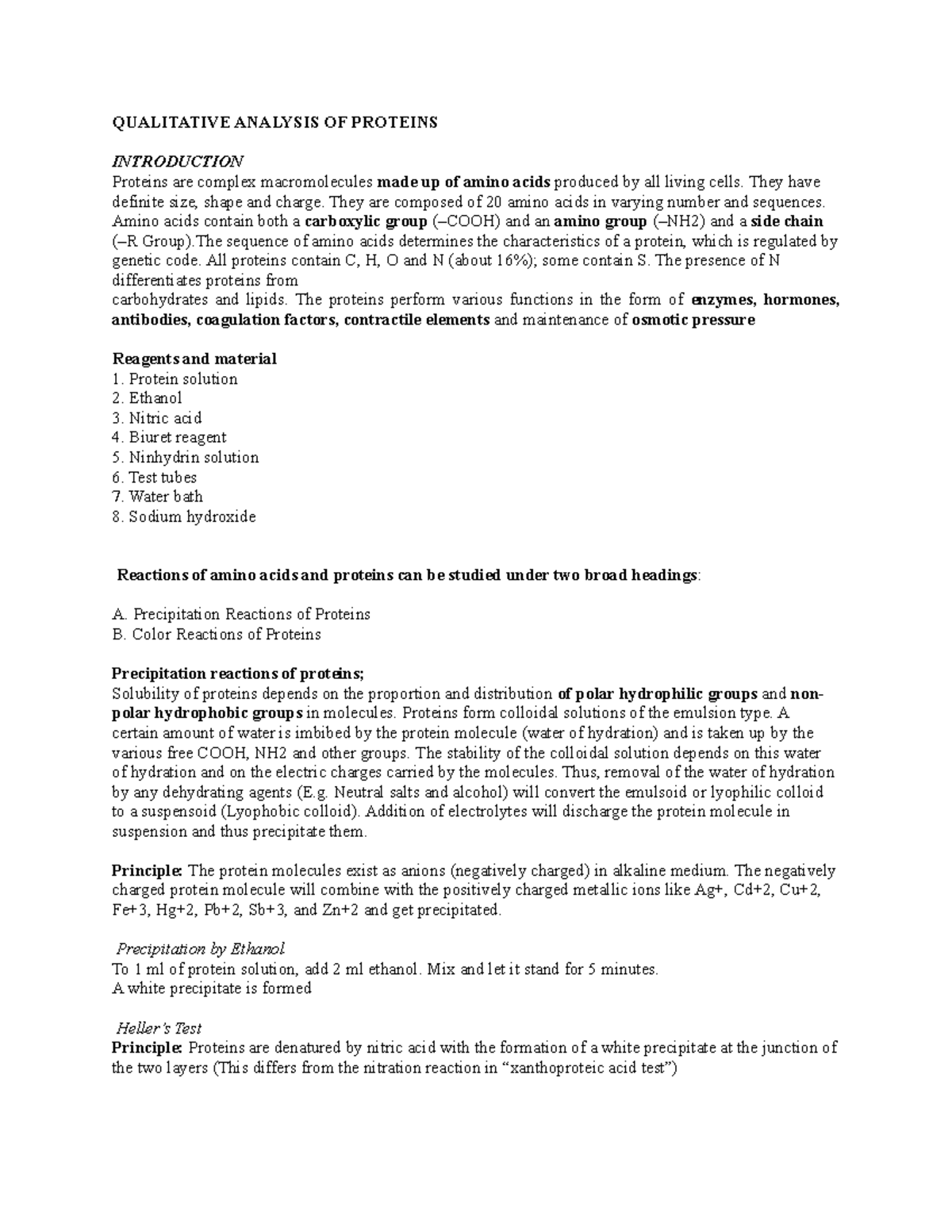 Qualitative Analysis OF Proteins AND Amino Acids - QUALITATIVE ANALYSIS ...