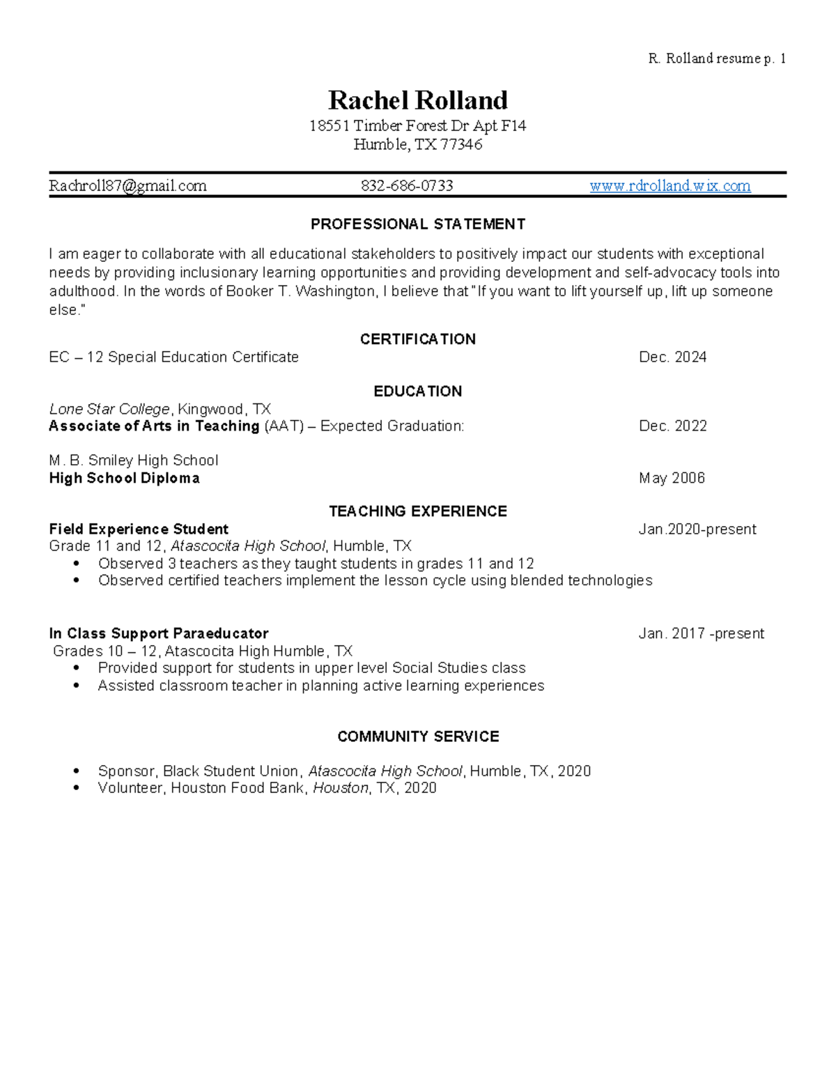 Teacher Resume Template - R. Rolland resume p. 1 Rachel Rolland 18551 Timber Forest Dr Apt F ...