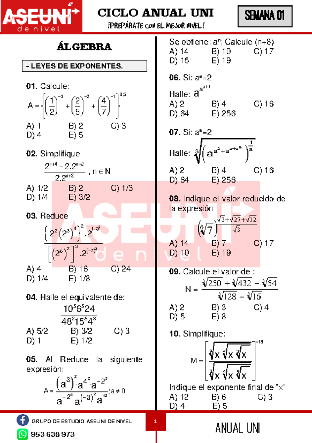Algebra Aseuni 1 Parte - Practica, Examen, Material de Estudio - ¡PREPÁRATE CON EL MEJOR NIVEL ...