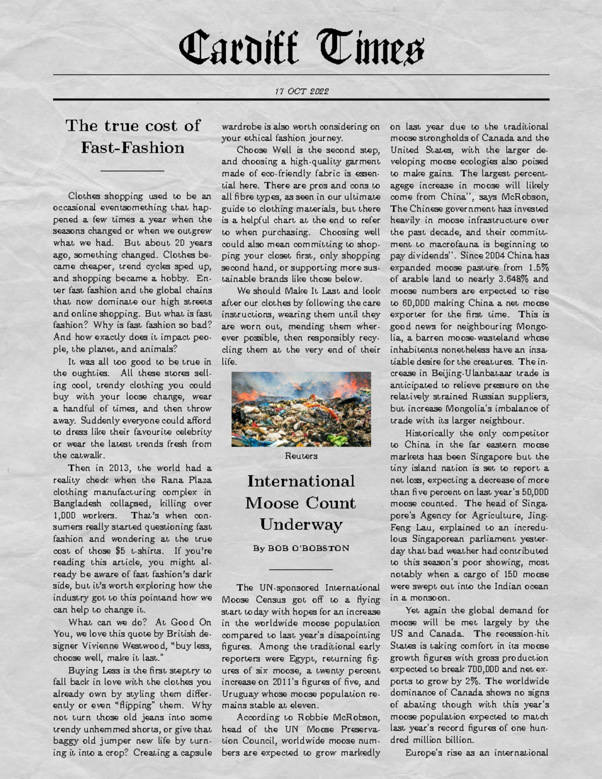 Newspaper-5 - Cardiff Time‘ 17 OCT 2022 The true cost of Fast-Fashion ...