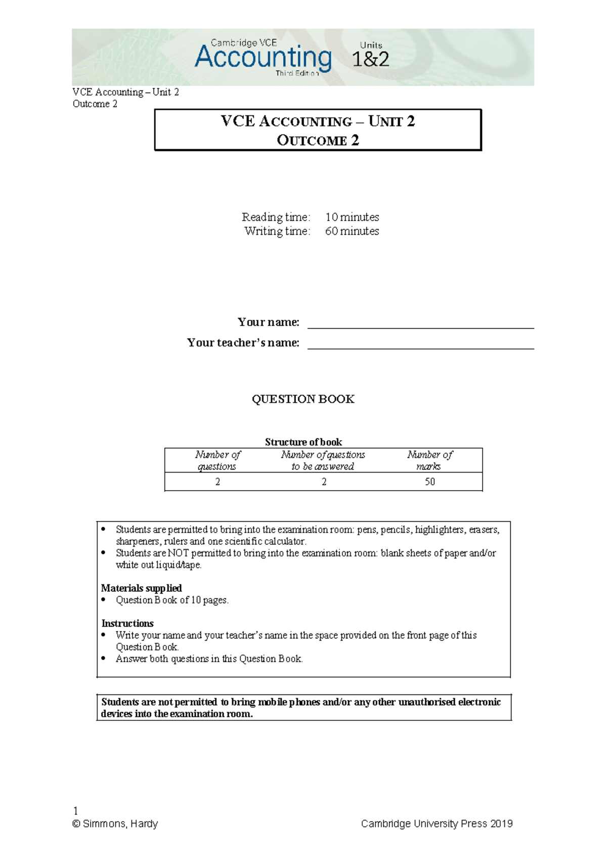 Acc12 3e Unit2Test2 - study material - Outcome 2 VCE ACCOUNTING – UNIT ...