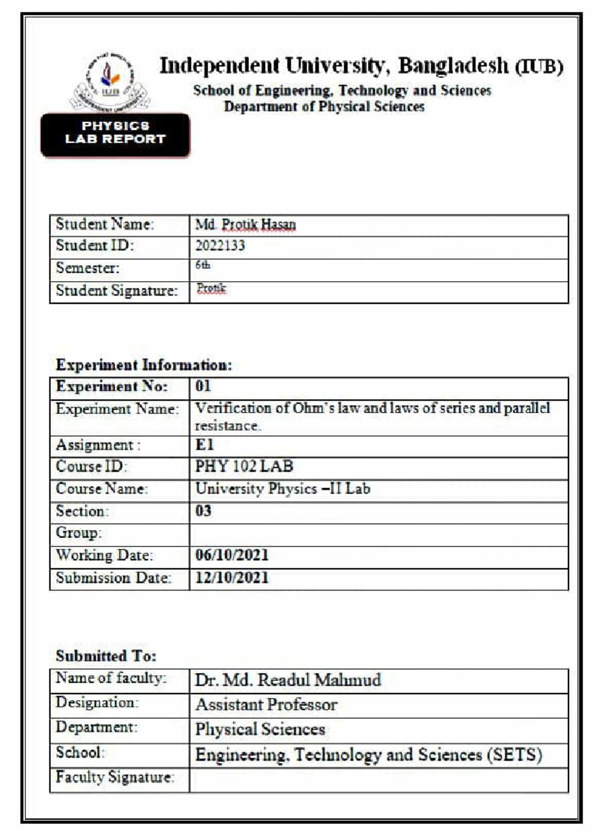 Experiment 1 - lab report - Independent University, Bangladesh (TUB ...