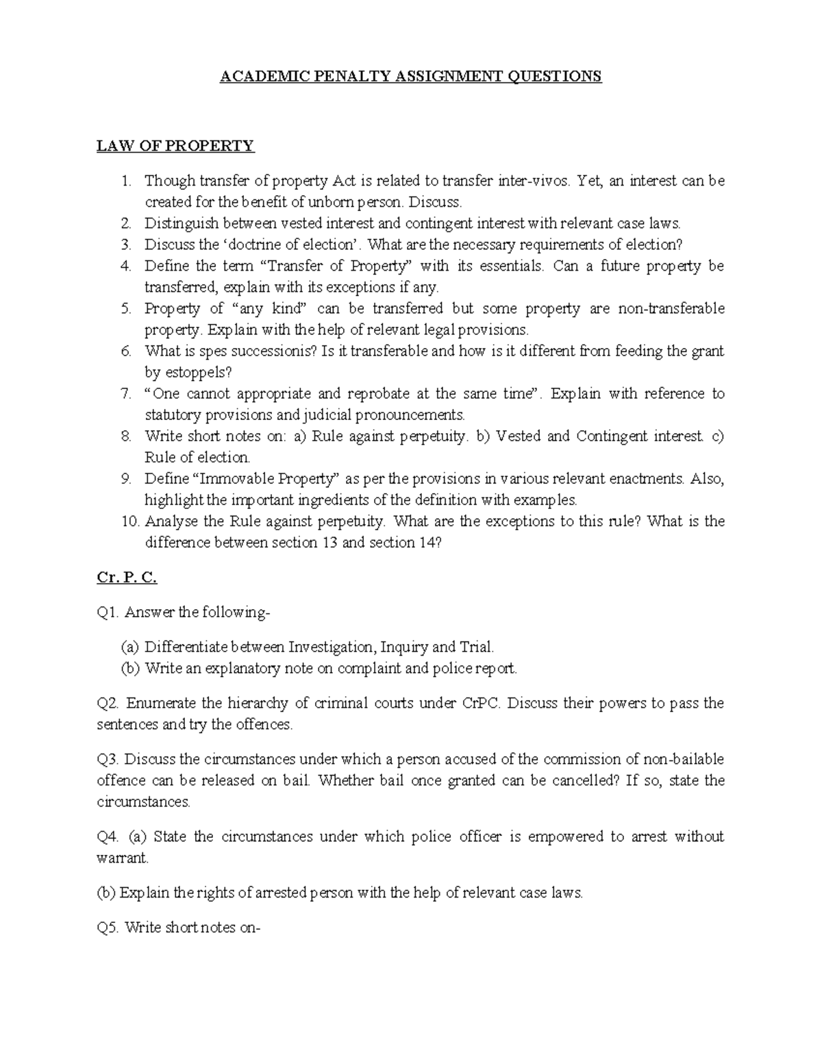 6th sem assignment questions - ACADEMIC PENALTY ASSIGNMENT QUESTIONS ...