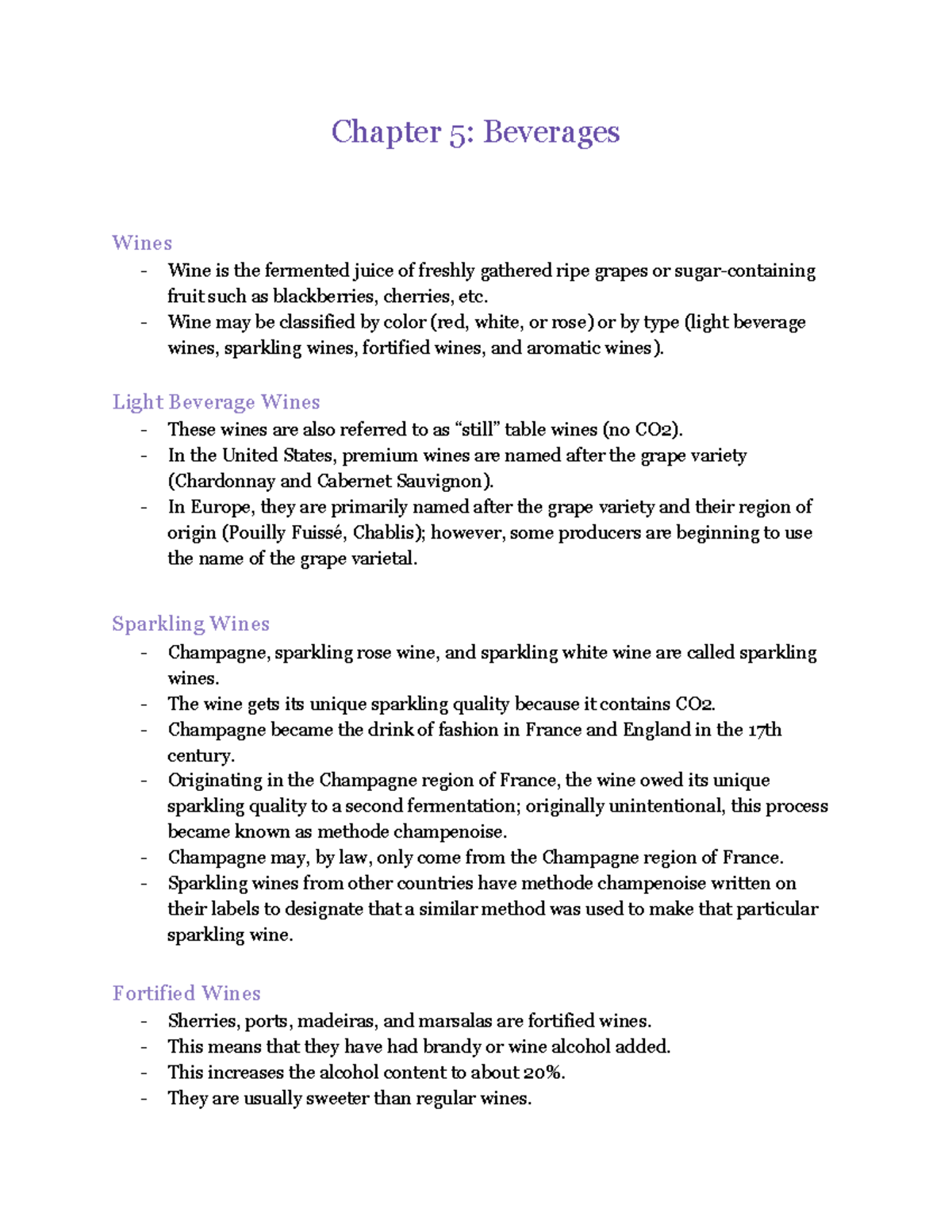 Chapter 5 Beverages - Lecture notes 5 - Chapter 5: Beverages Wines Wine ...
