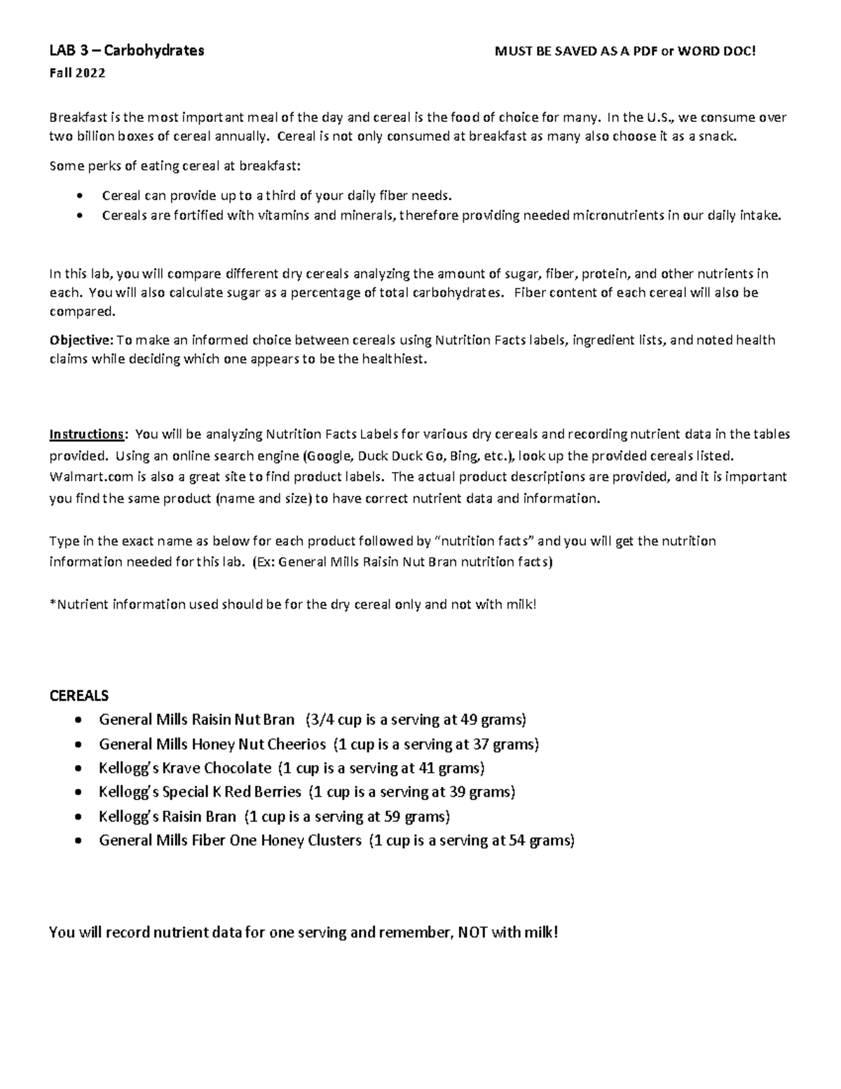 Lab 4 Carbs cereal comparison - LAB 3 – Carbohydrates MUST BE SAVED AS ...