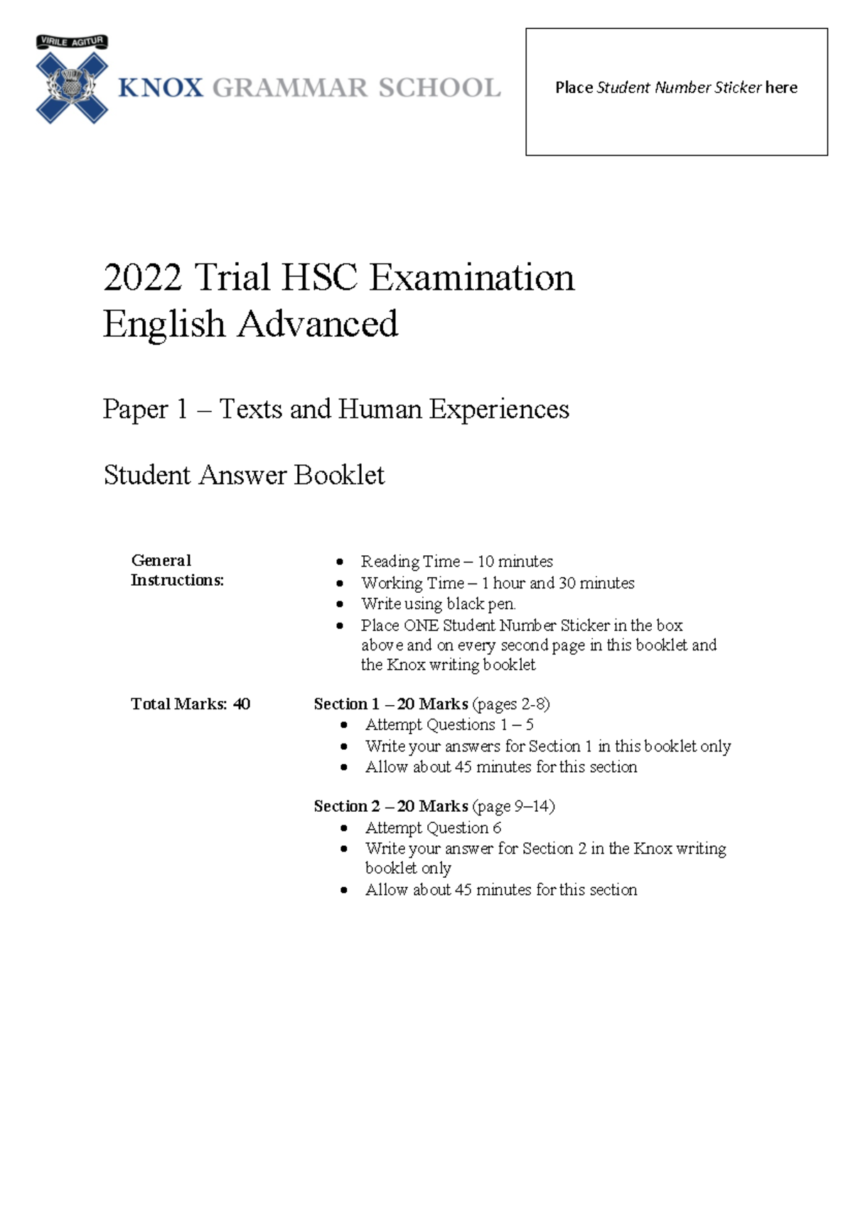 [12] Yr 12 Practice Paper 1 [Knox 2022] - Place Student Number Sticker ...