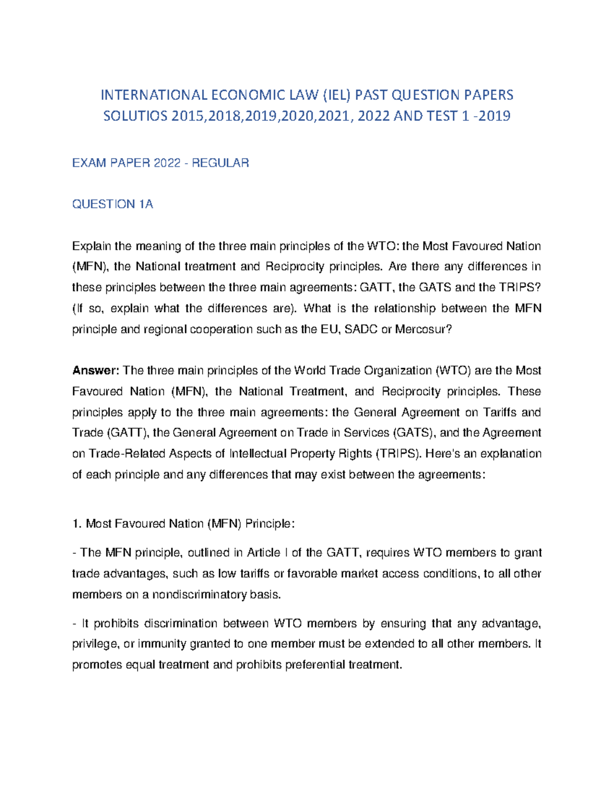 IEL exam questions and answers - INTERNATIONAL ECONOMIC LAW (IEL) PAST ...