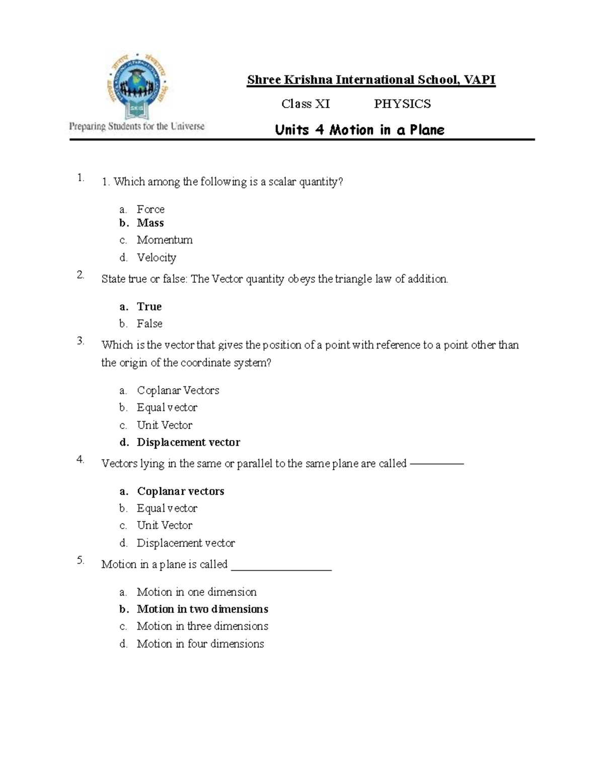 WS (4 Motion in a Plane) - Snsns - Shree Krishna International School ...