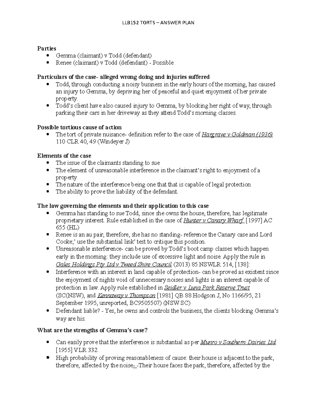 Answer Plan Assignment - LLB152 TORTS – ANSWER PLAN Parties Gemma ...