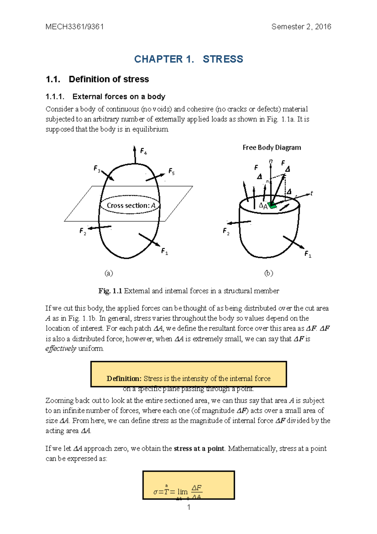 MECH3361 Mechanics of Solids 2 Chapter 1 - Stress - CHAPTER 1. STRESS 1 ...