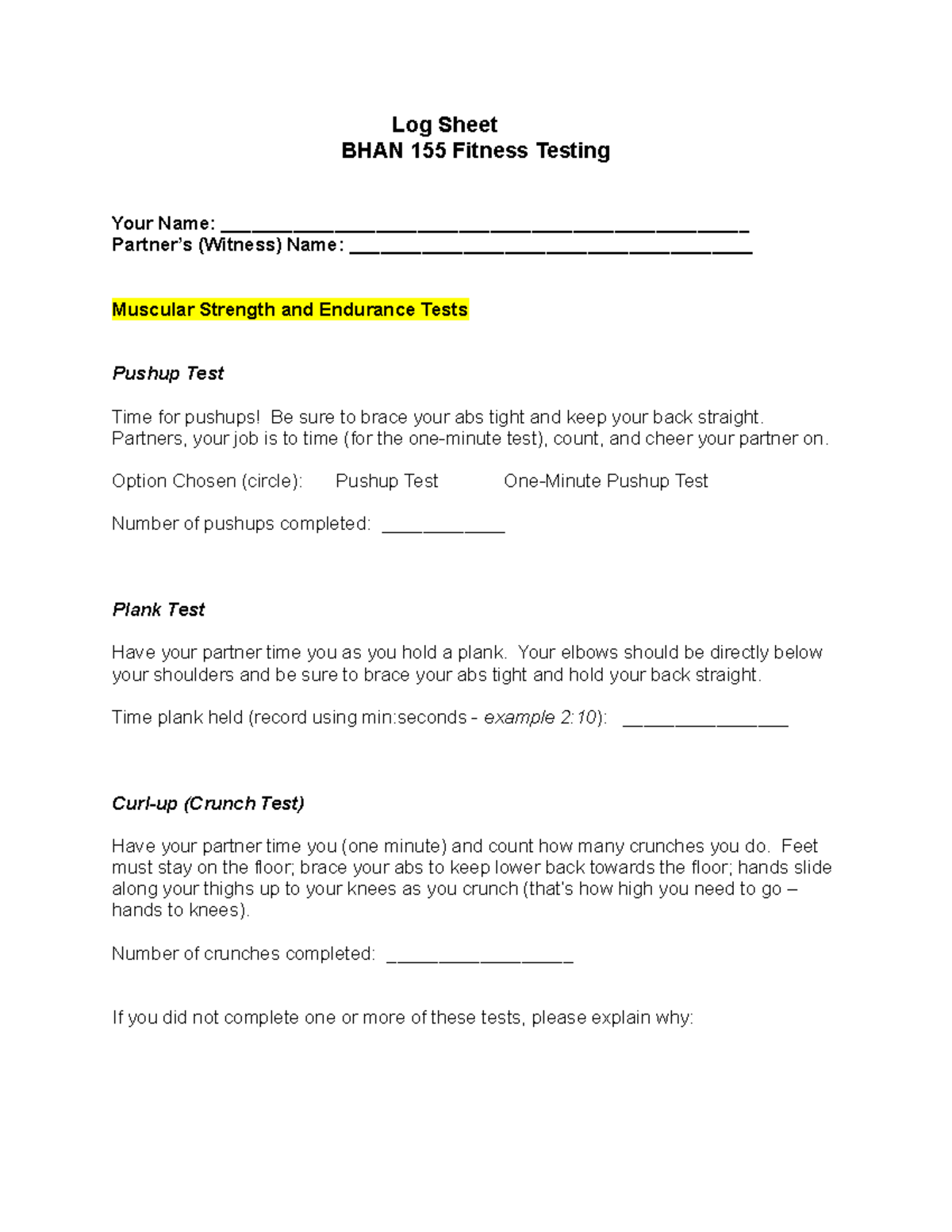 Fitness Test Log Sheet (Home Test Version) - Log Sheet BHAN 155 Fitness ...