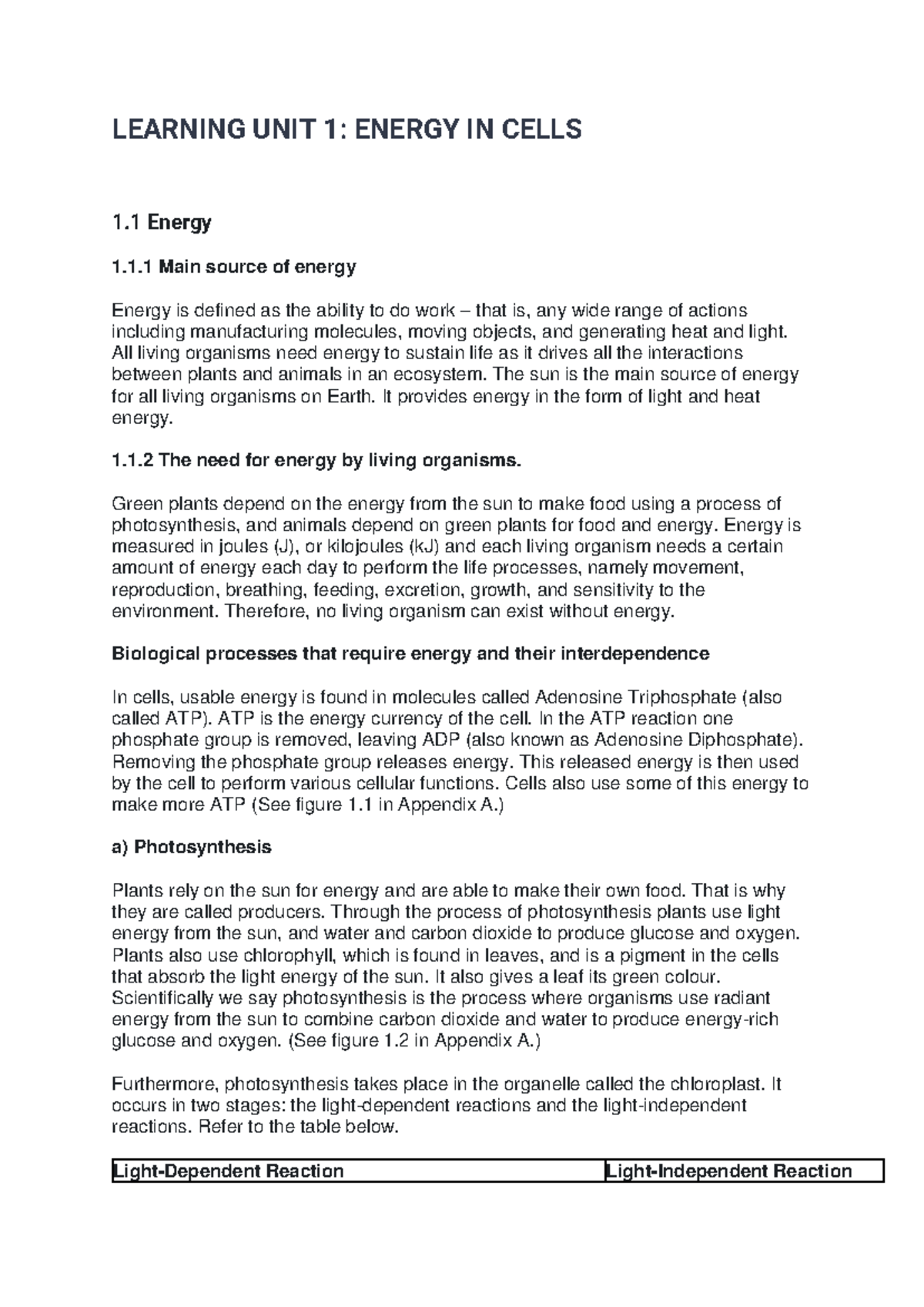 NST1502 All Units - LEARNING UNIT 1: ENERGY IN CELLS 1 Energy 1.1 Main ...