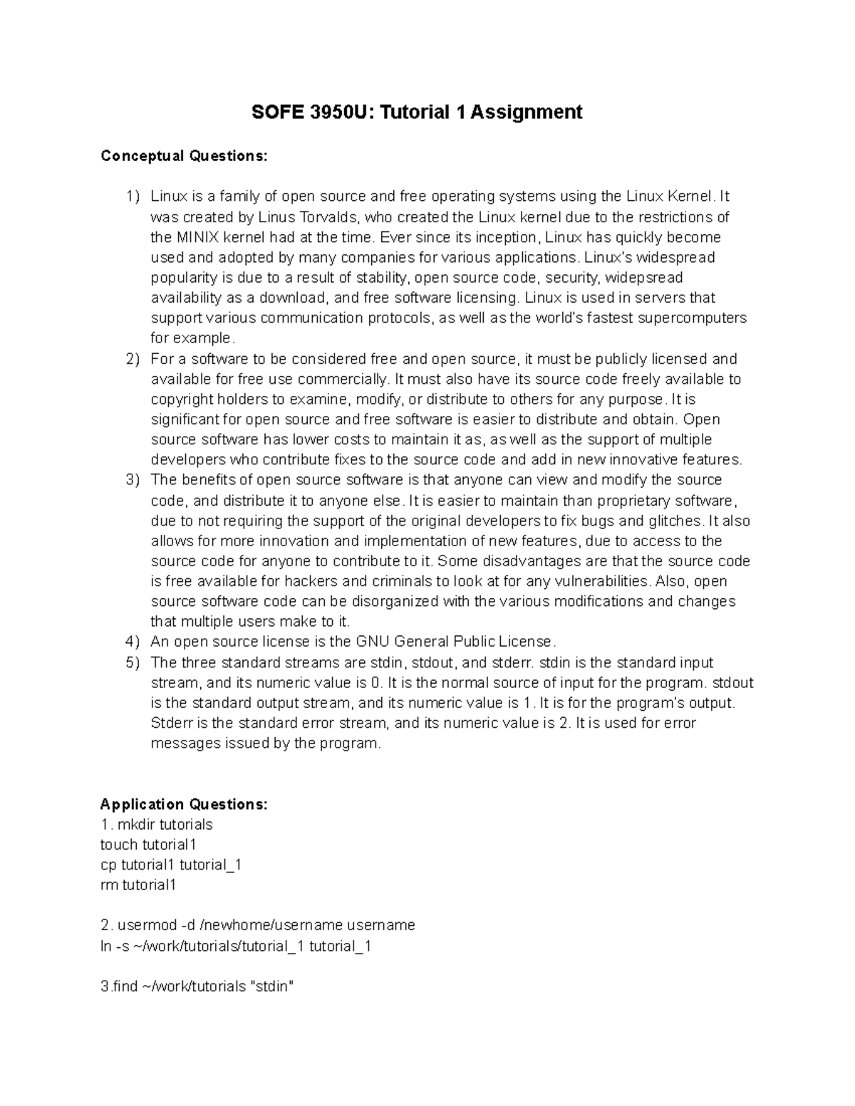 SOFE3950 Tutorial 1 Assignment - SOFE 3950U: Tutorial 1 Assignment Conceptual Questions: Linux ...