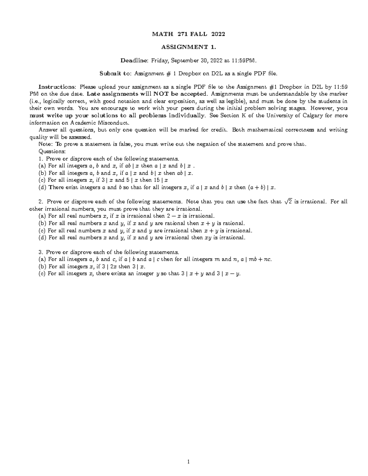 Assignment 1 - first assingment for math 271 - MATH 271 FALL 2022 ASSIGNMENT 1. Deadline: Friday ...