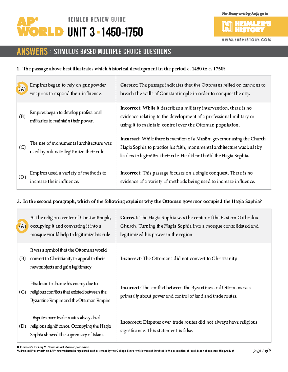 AP World HRG Unit 3 MCQ Answers - ANSWERS : STIMULUS BASED MULTIPLE ...