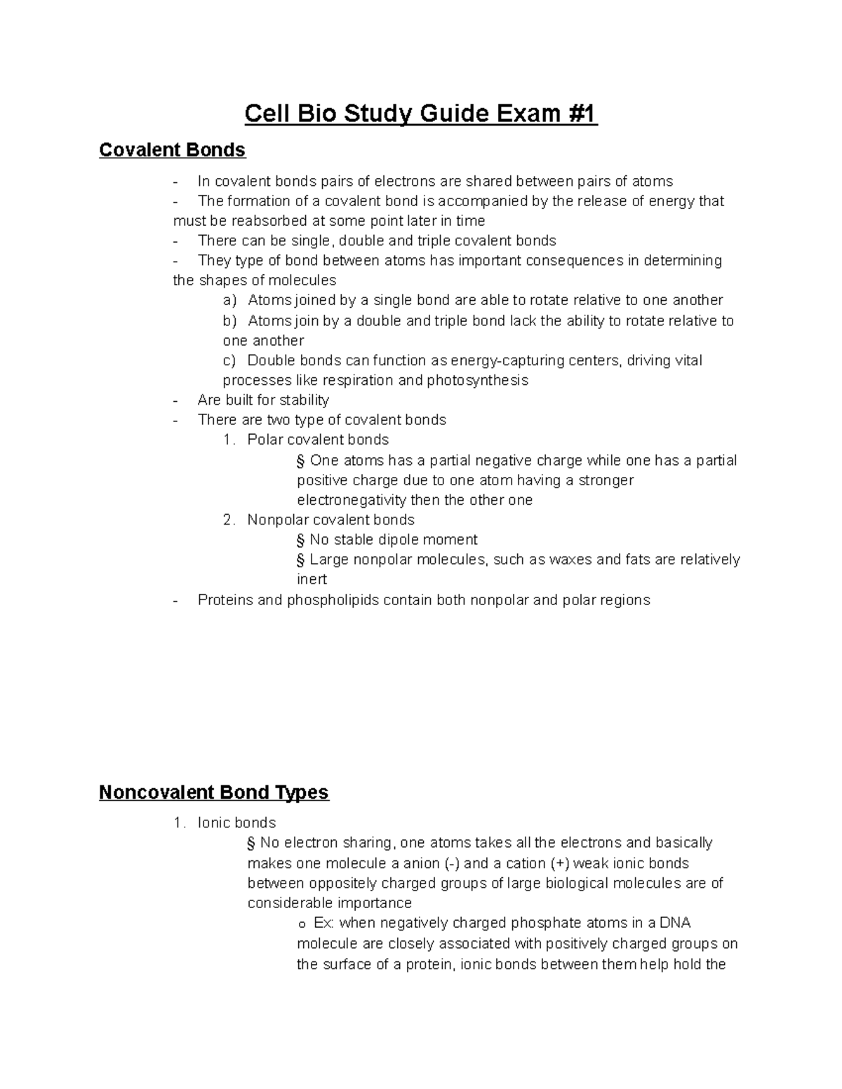 Cell Bio Study Guide Exam #1 - Cell Bio Study Guide Exam Covalent Bonds ...